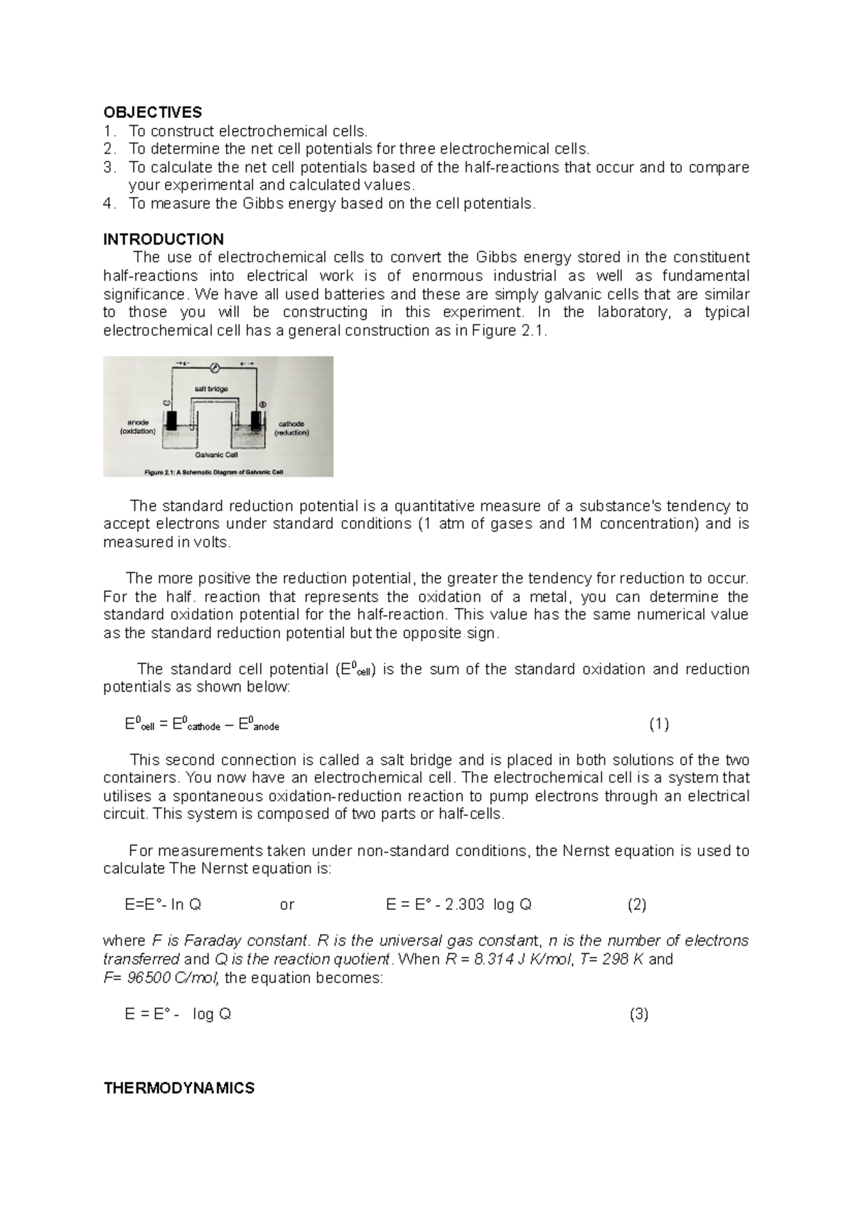 Chm432 lab report 2 - OBJECTIVES To construct electrochemical cells. To ...