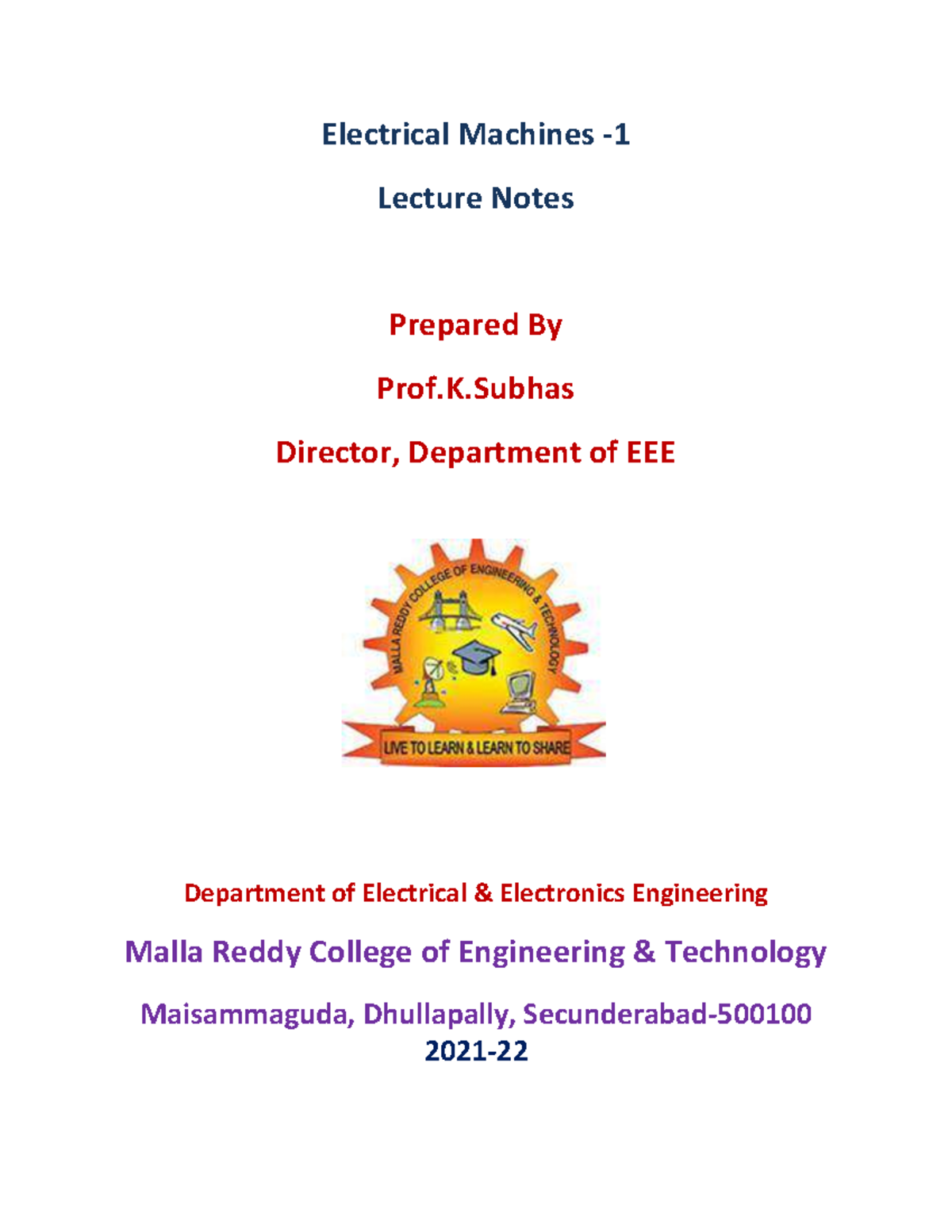 Electrical Machines -1 - Electrical Machines - Lecture Notes Prepared ...