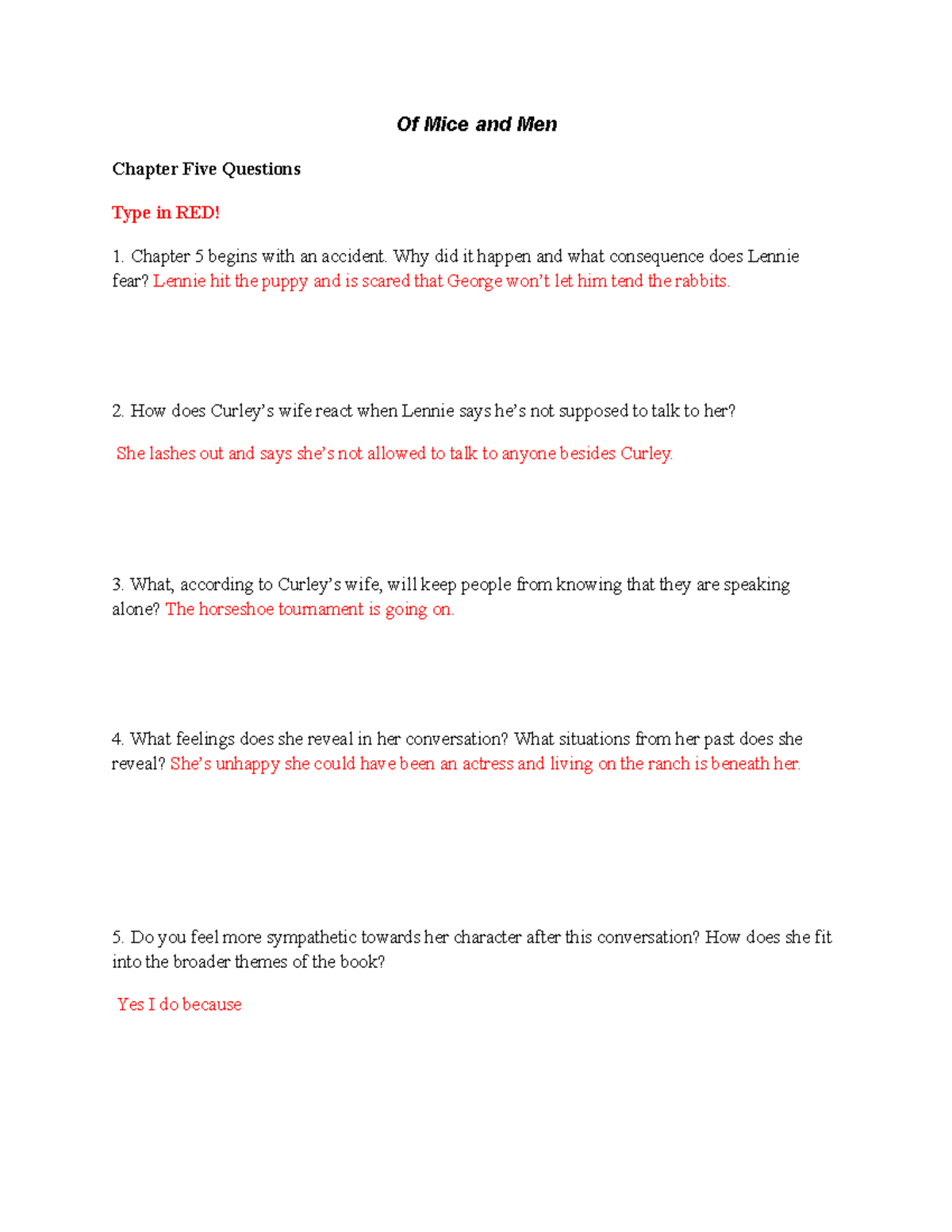 Copy of Chapter 5 Questions OMAM - Of Mice and Men Chapter Five ...