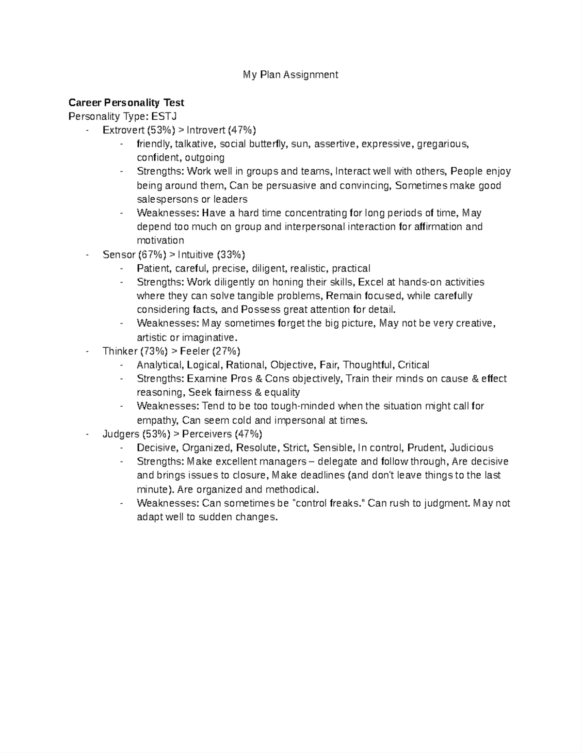 My Plan Activity - My Plan Assignment Career Personality Test ...