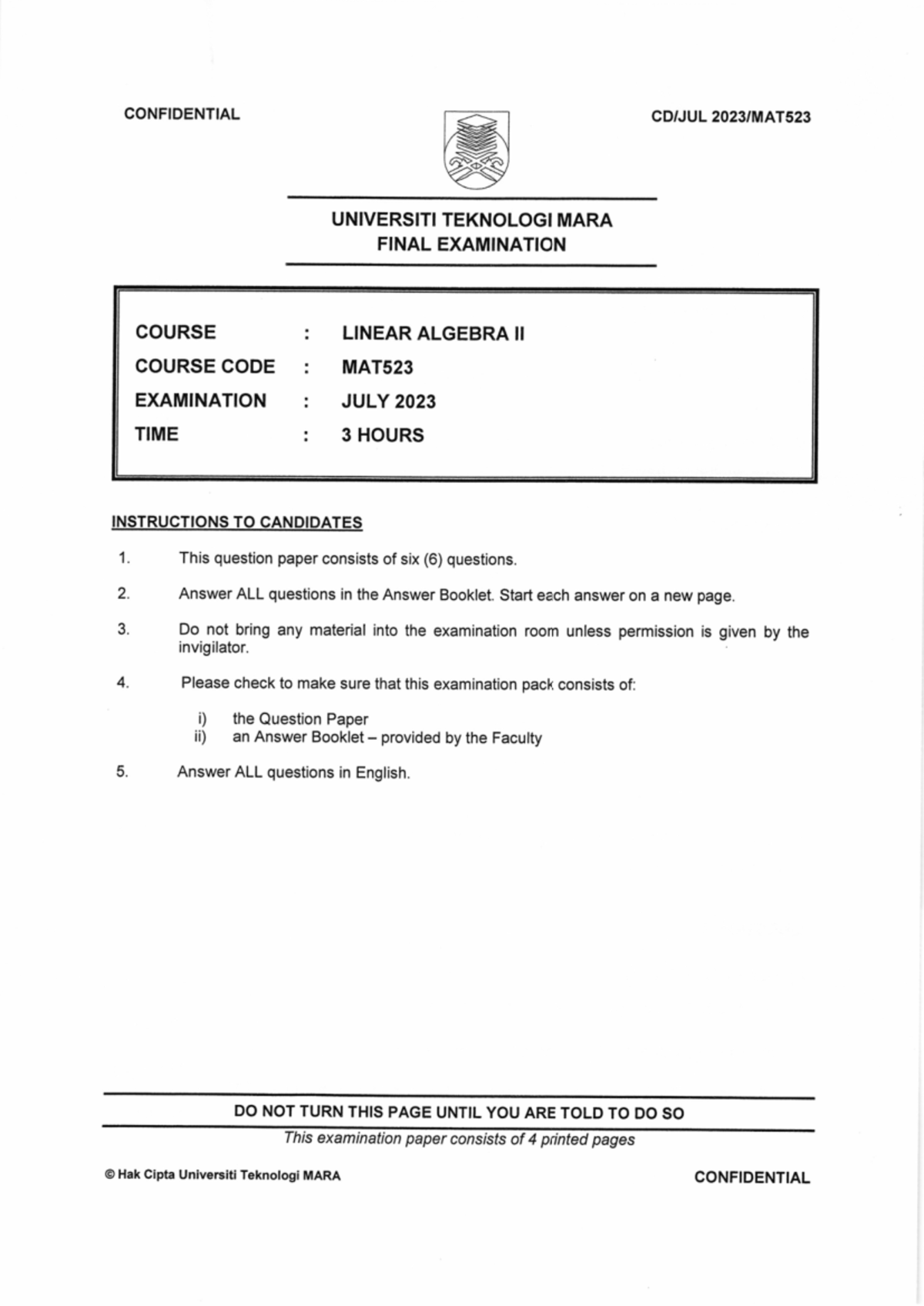 UITM MAT523 JULY2023 Final - Linear algebra ii - Studocu