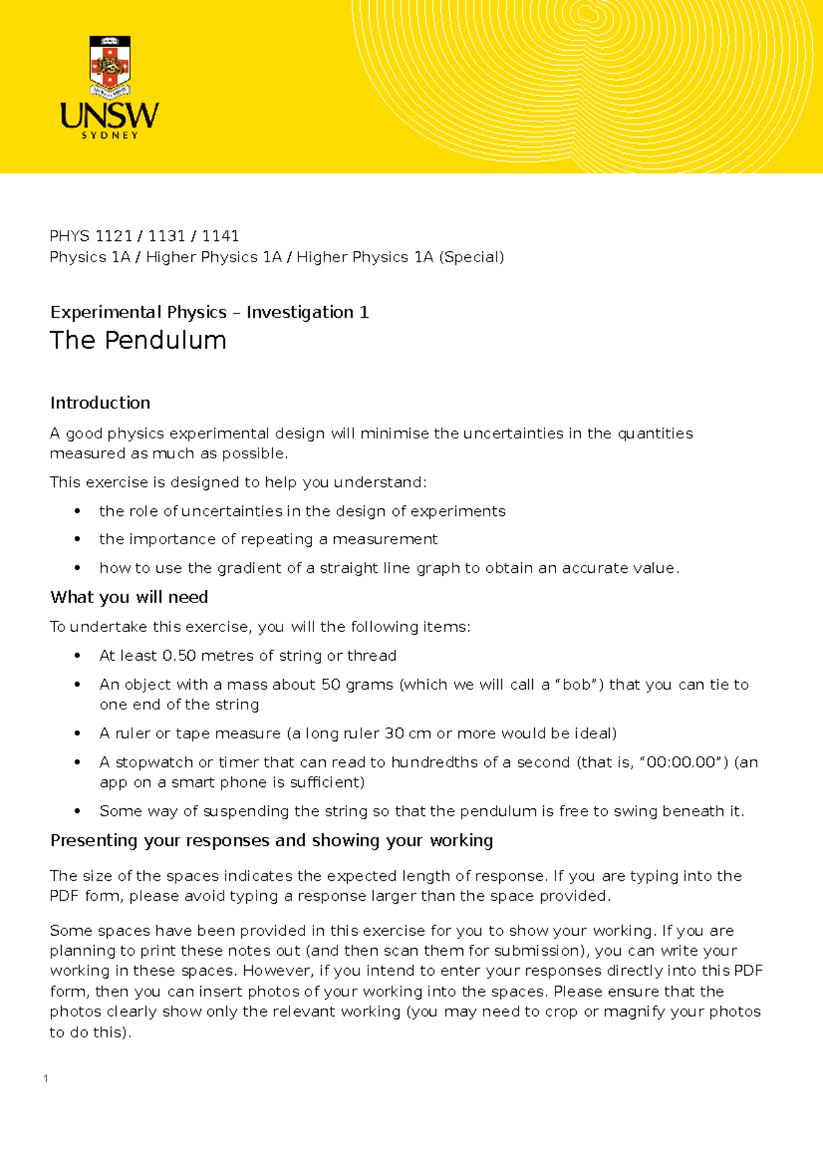 Pendulum Word - Lab report/results - PHYS1121 - UNSW Sydney - Studocu