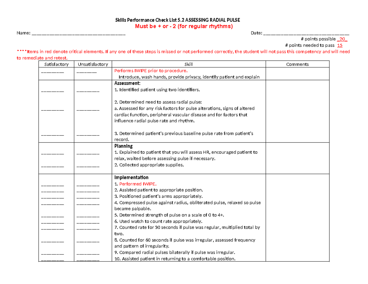 Skills Performance Checklist - Assessing Radial Pulse - Skills ...