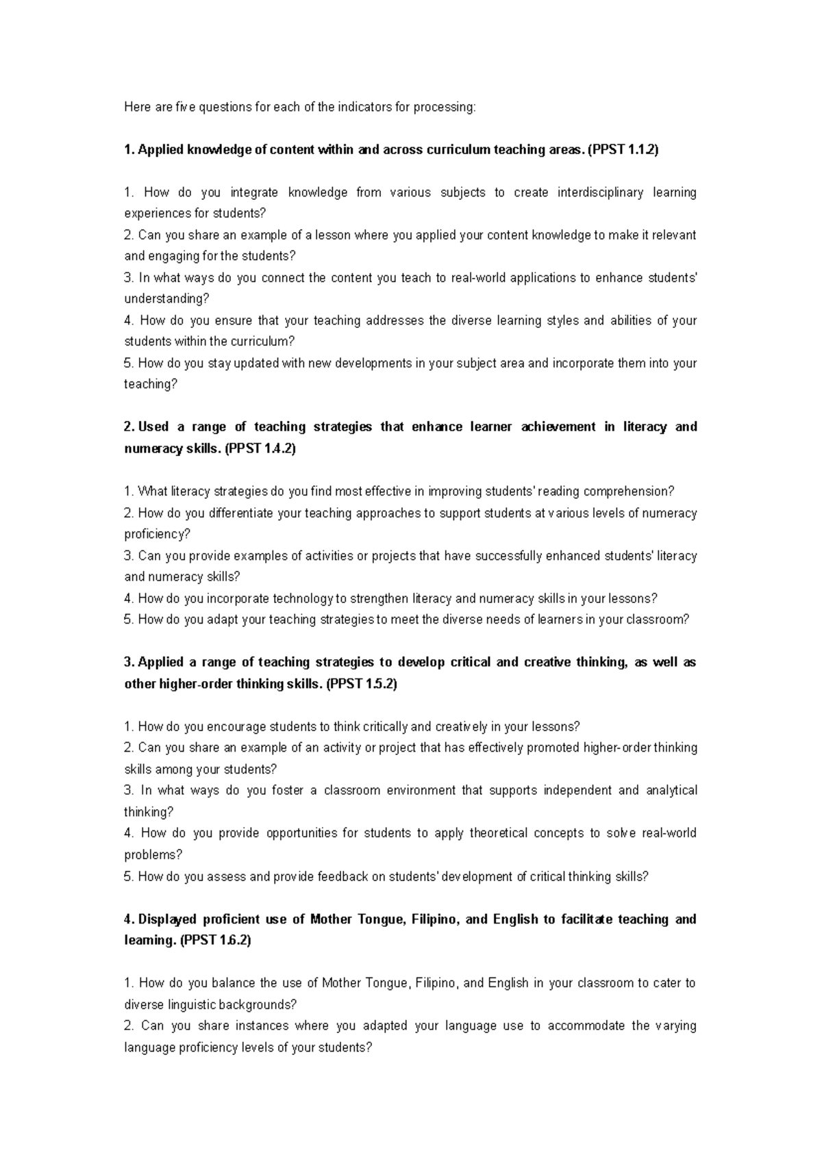 Sample Process Questions 23 24 - Here are five questions for each of ...