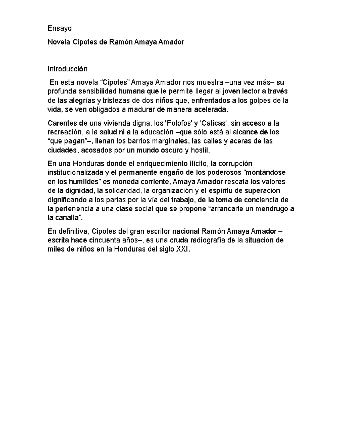 Ensayo cipotes - Ensayo Novela Cipotes de Ramón Amaya Amador ...