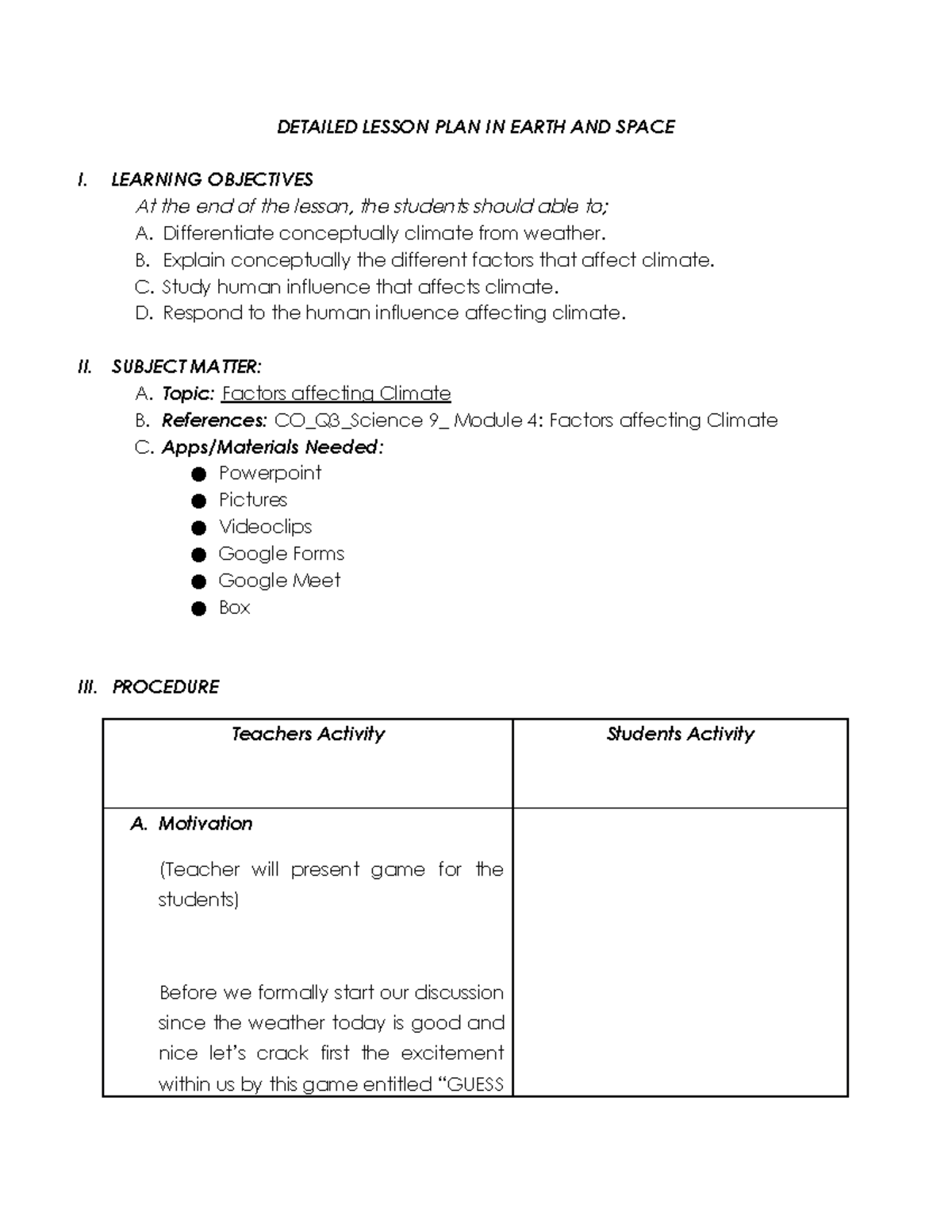 Factors Affecting Climate - DETAILED LESSON PLAN IN EARTH AND SPACE I ...