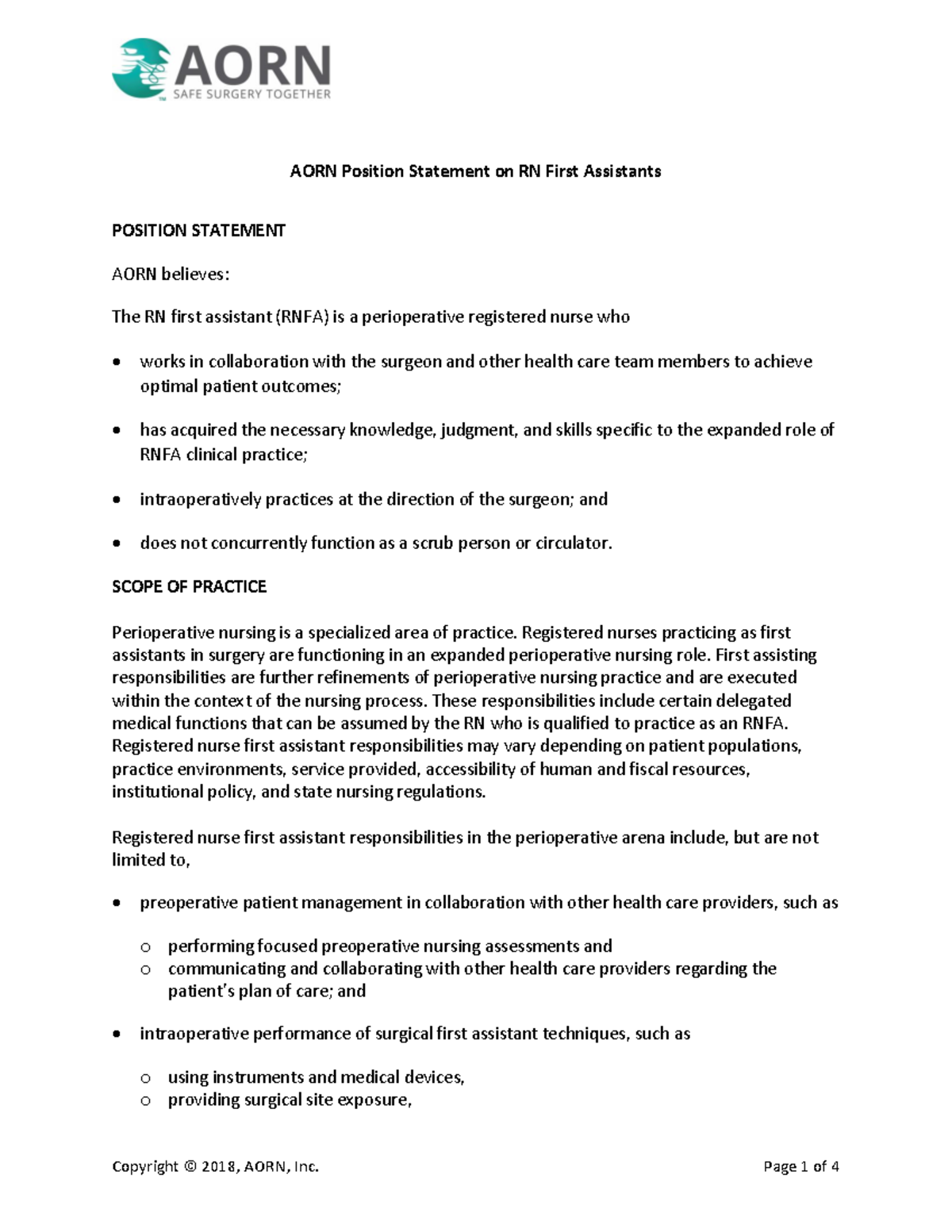 AORN Position Statement RNFA - AORN Position Statement on RN First ...