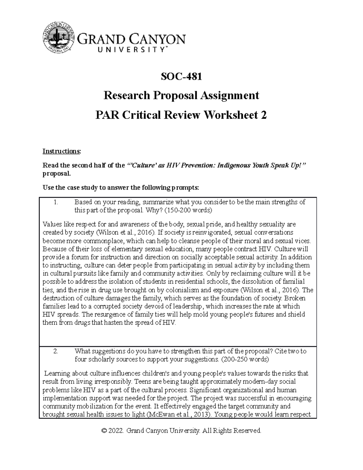 SOC-481.PARCritical Review Worksheet 2 - SOC- Research Proposal ...