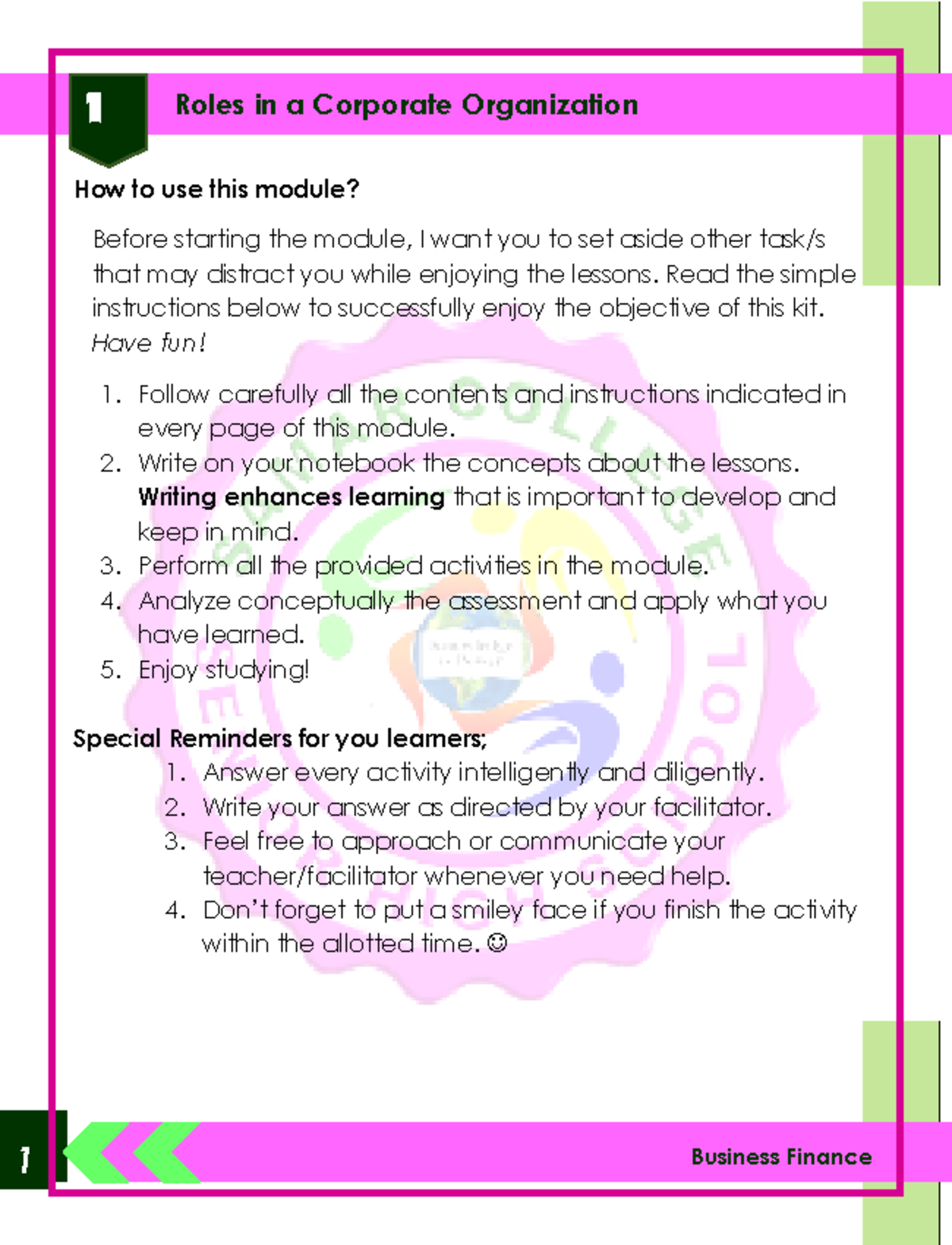 Business Finance Quarter 3 Module 1-2 - 1 Roles in a Corporate ...