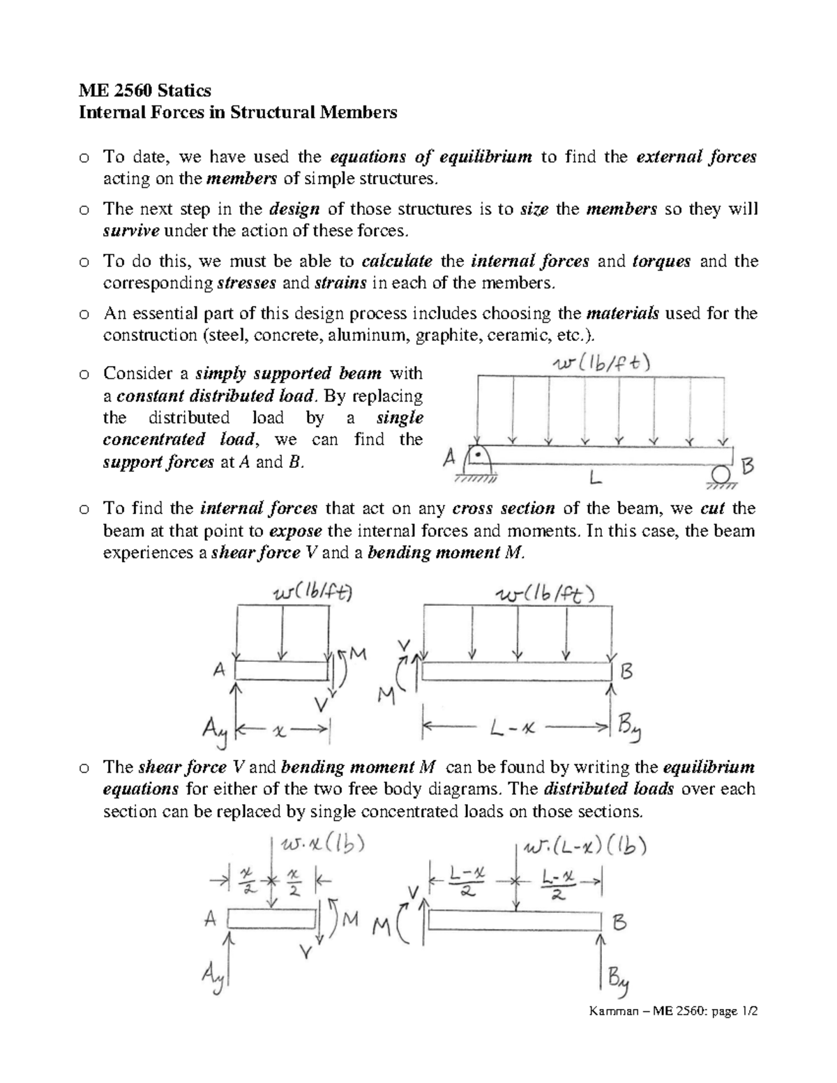 ME256Internal Forces Structural Members - Kamman – ME 2560: page 1/ ME ...