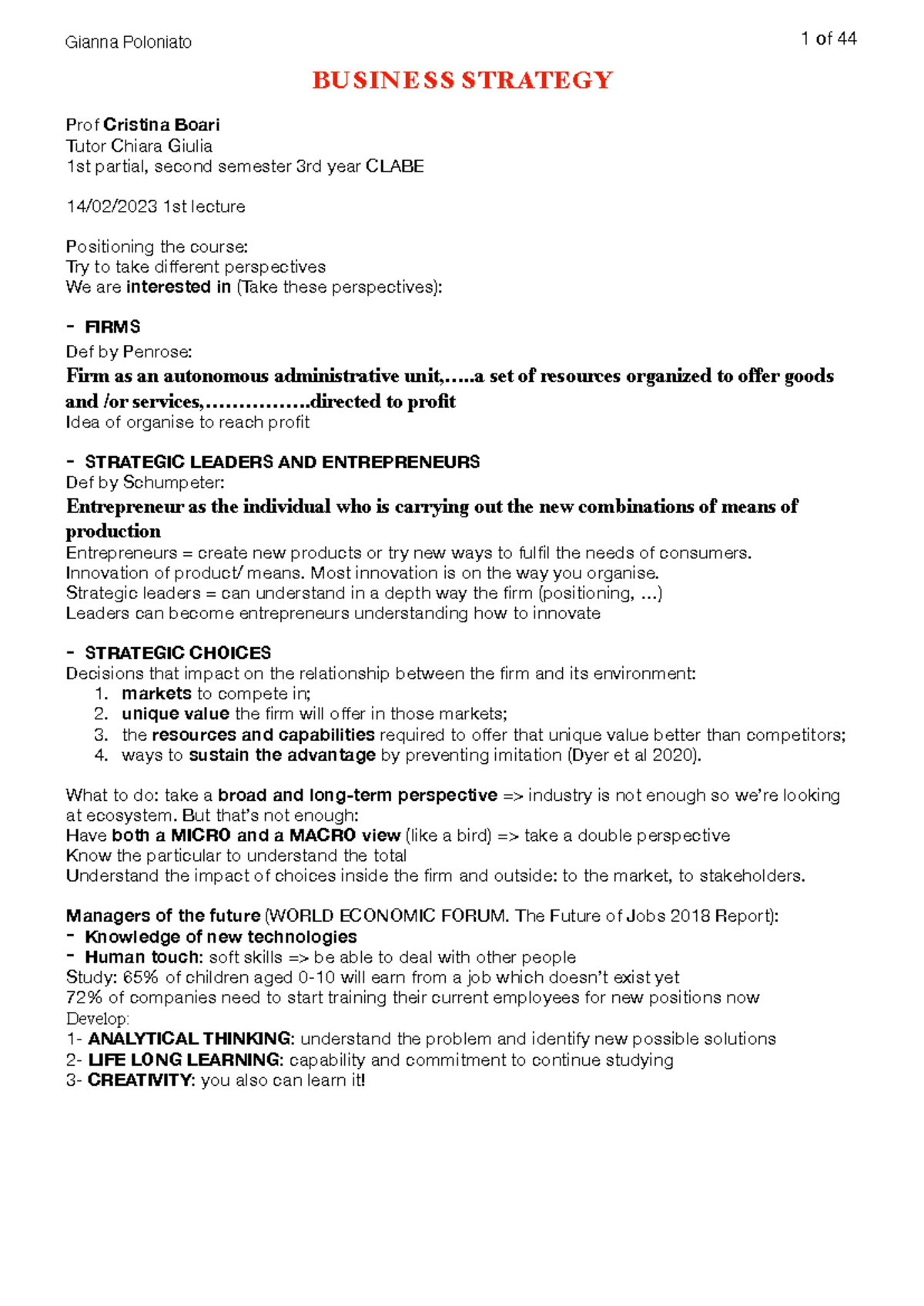 Business Strategy 1st partial - BUSINESS STRATEGY Prof Cristina Boari ...