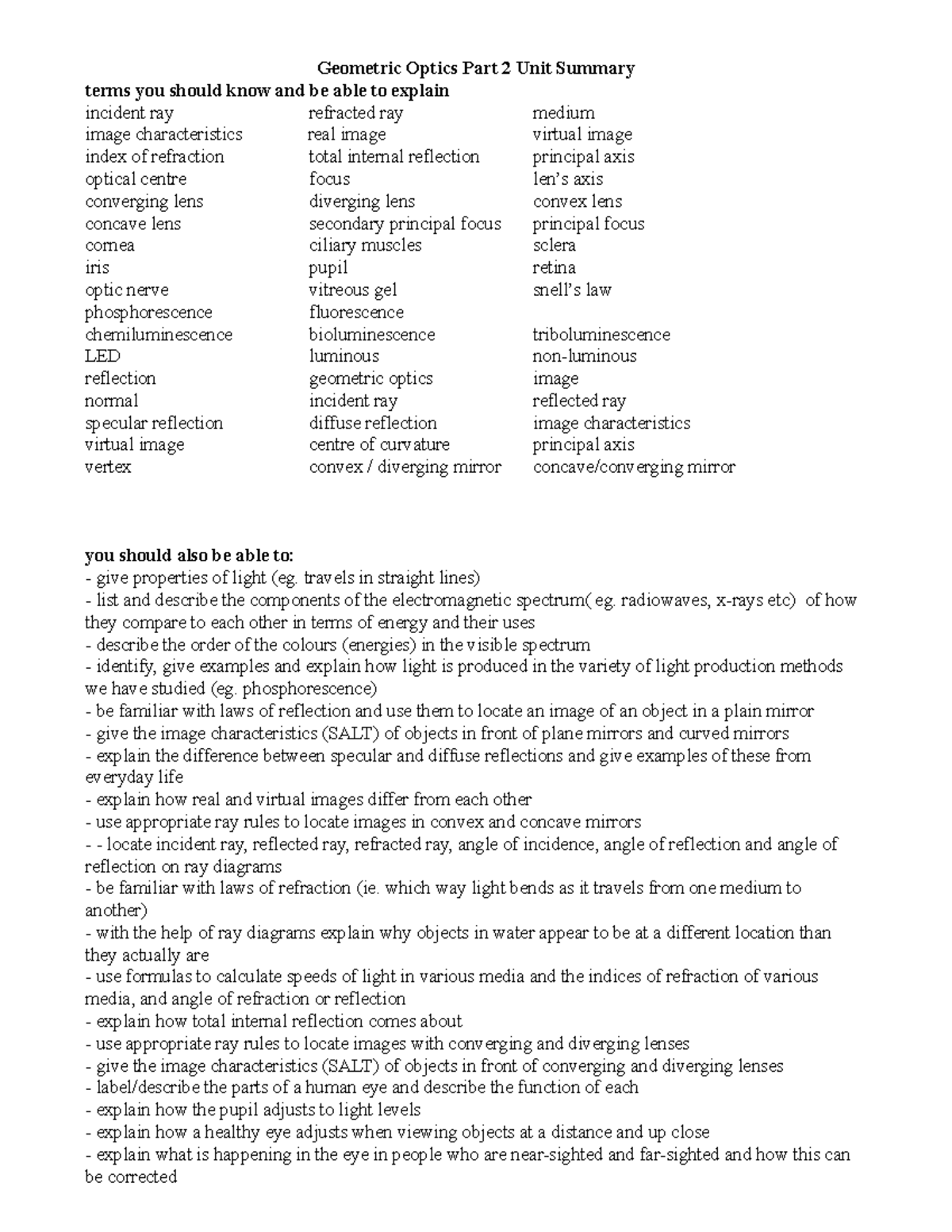 Optics summary 2024 - physical - Geometric Optics Part 2 Unit Summary terms you should know and ...