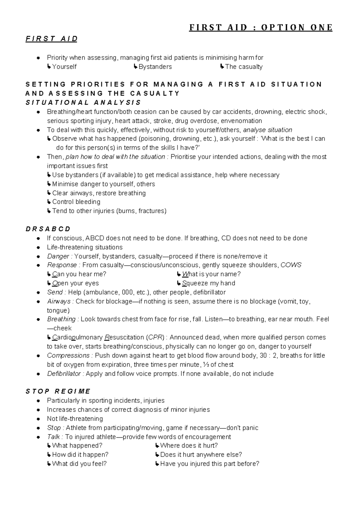 Pdhpe - Prelim Notes First Aid (Option One) - F I R S T A I D : O P T I ...