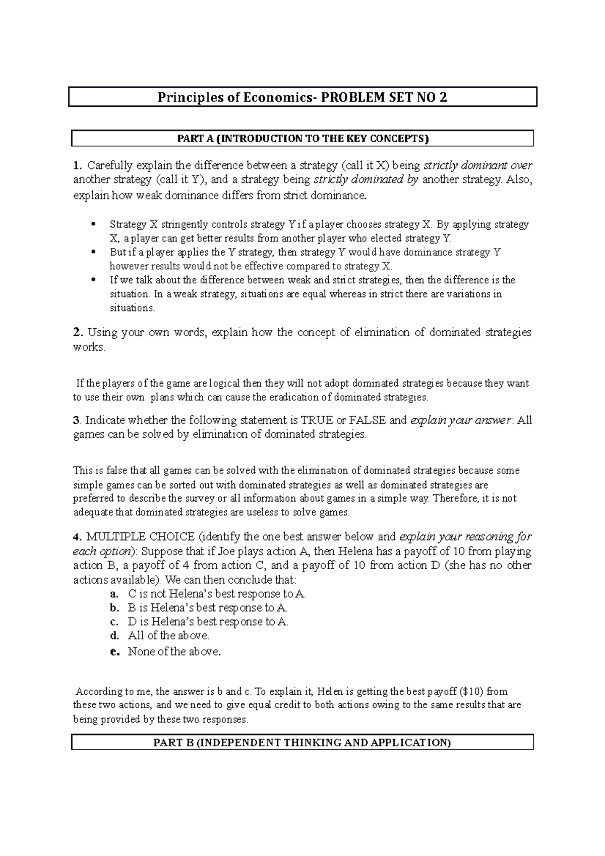 Problem set 2 - Principles of Economics- PROBLEM SET NO 2 PART A (INTRODUCTION TO THE KEY ...