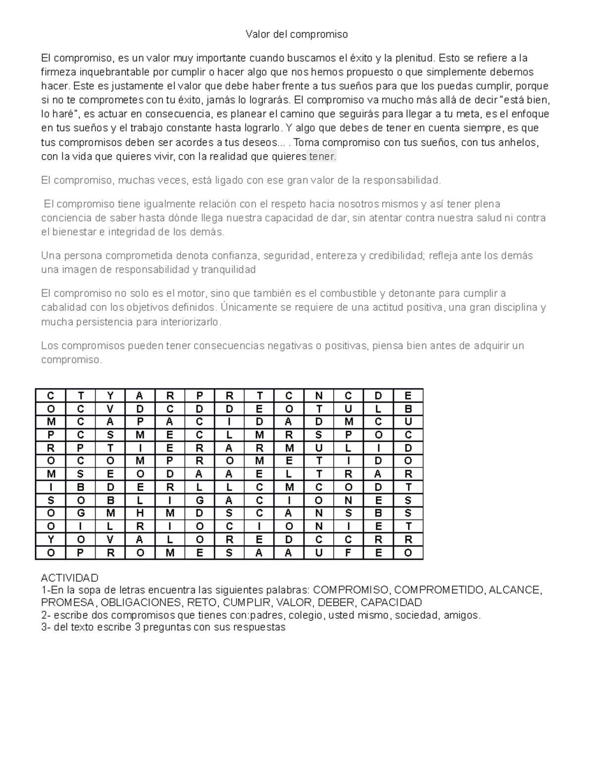 Valor del compromiso - ... - Valor del compromiso El compromiso, es un ...