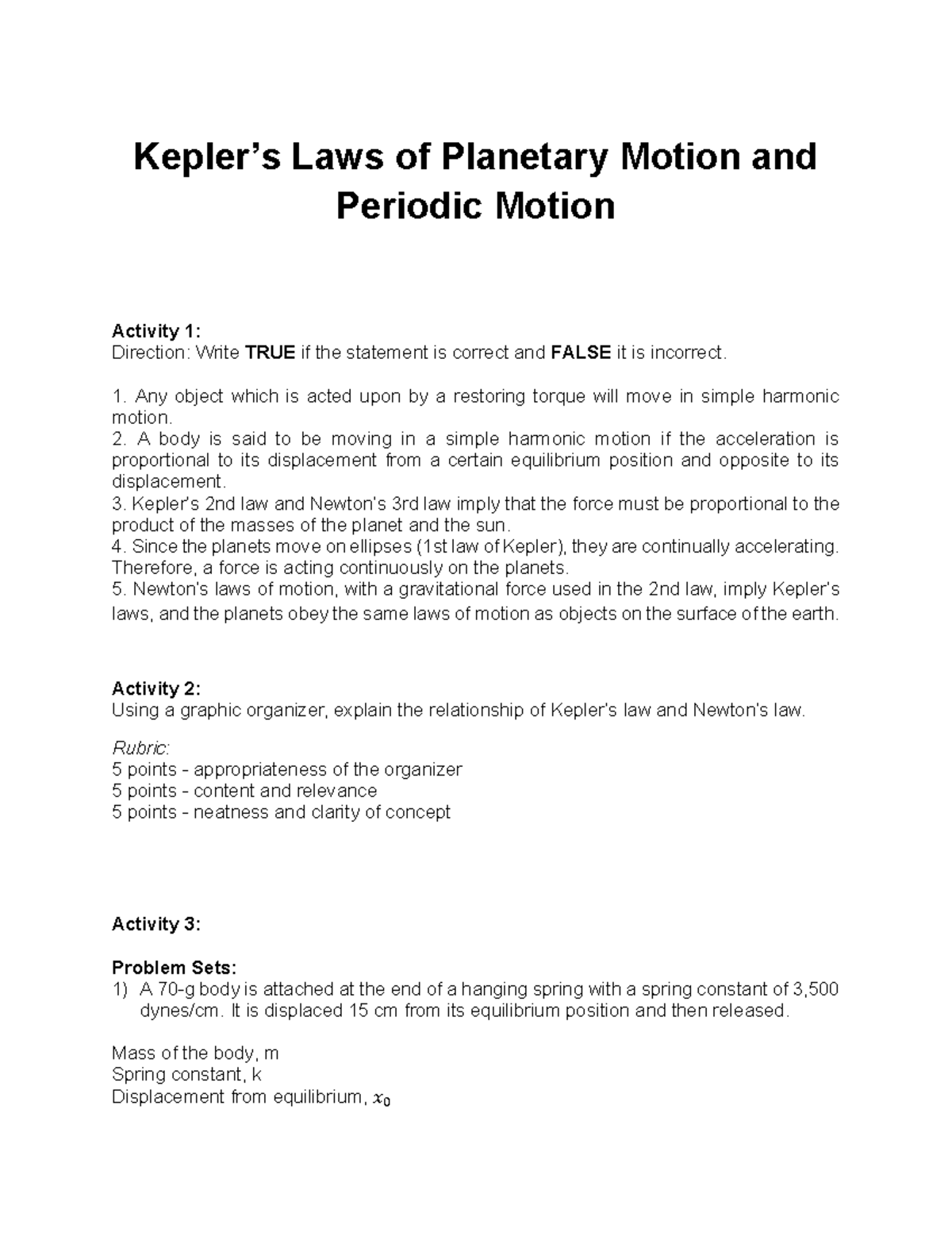 Keplers Laws of Planetary Motion and Periodic Motion - Kepler’s Laws of ...