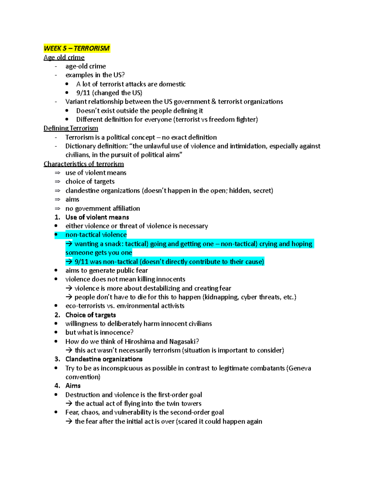 WEEK 5 - terrorism - lecture notes from class - professor Z - WEEK 5 ...