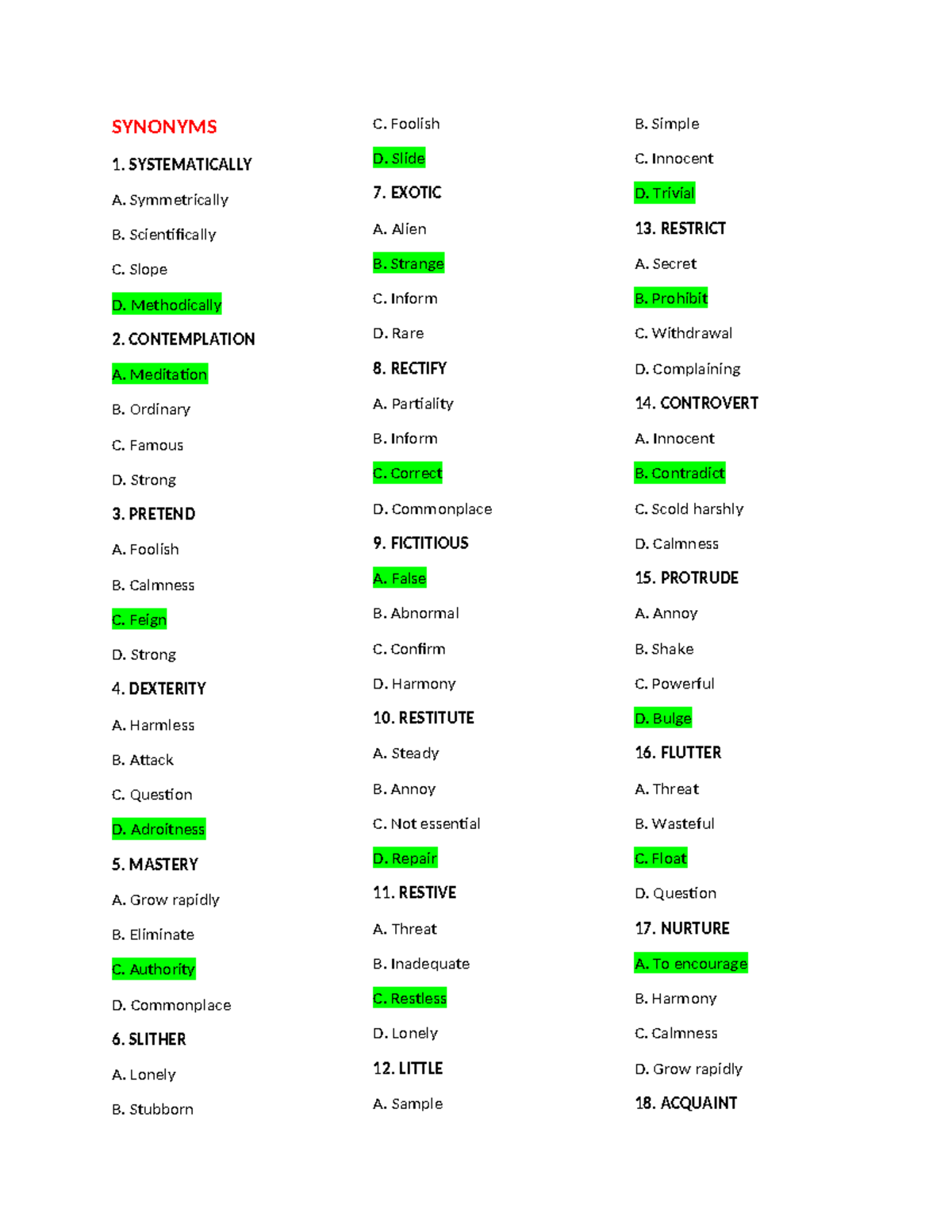 Synonyms - notes - SYNONYMS 1. SYSTEMATICALLY A. Symmetrically B ...