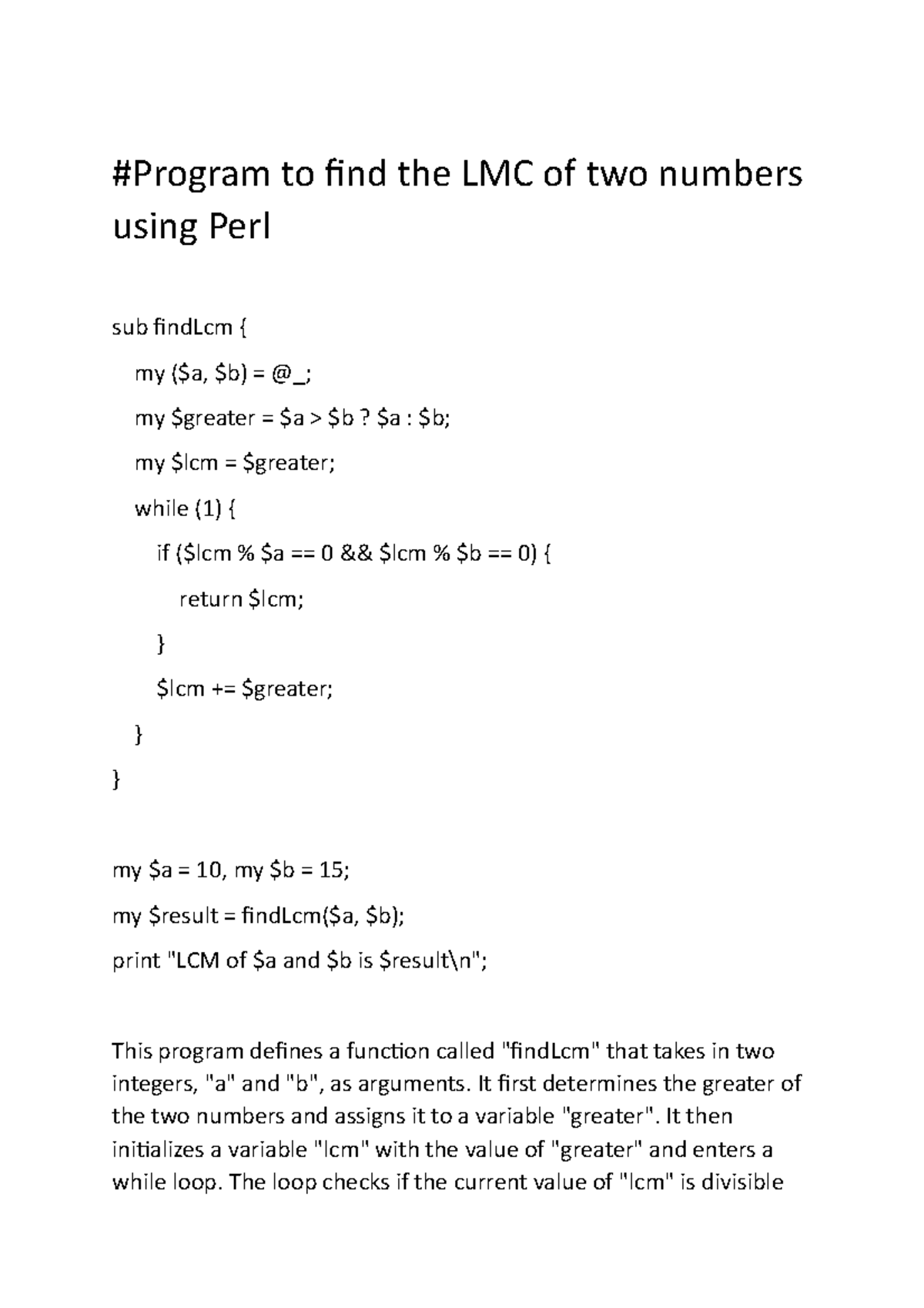 Lmc Of Two Numbers Using Perl Program To Find The Lmc Of Two Numbers Using Perl Sub Findlcm