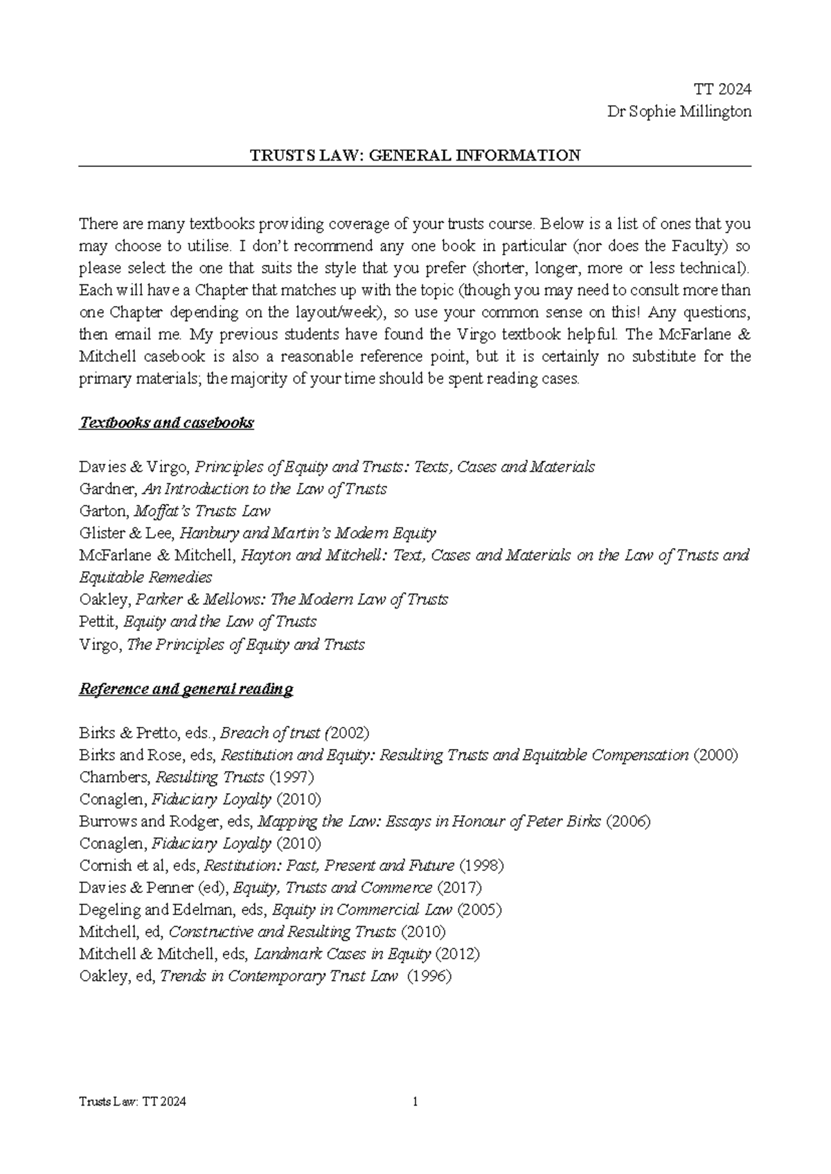 Trusts LAW TT24[36] - based - TT 2024 Dr Sophie Millington TRUSTS LAW ...
