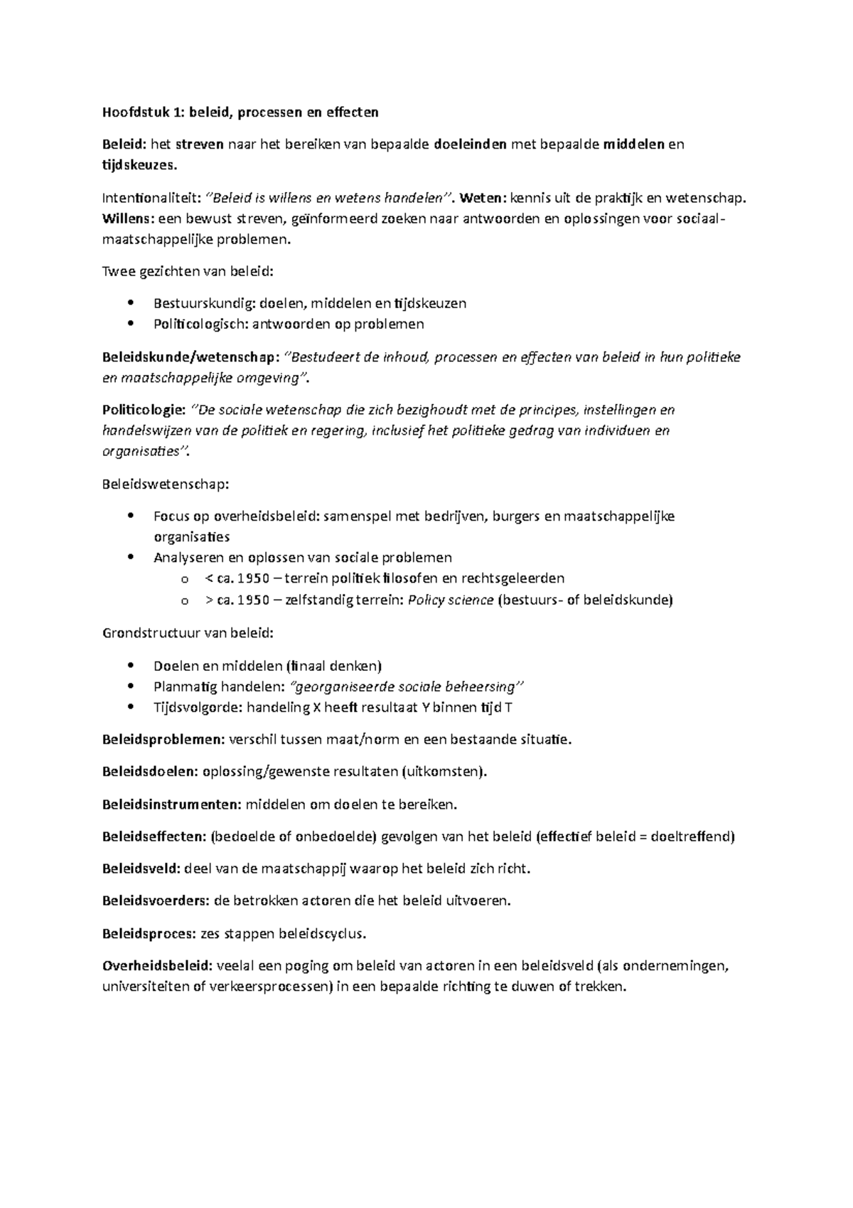 Beleid en politiek samenvatting - Hoofdstuk 1: beleid, processen en ...