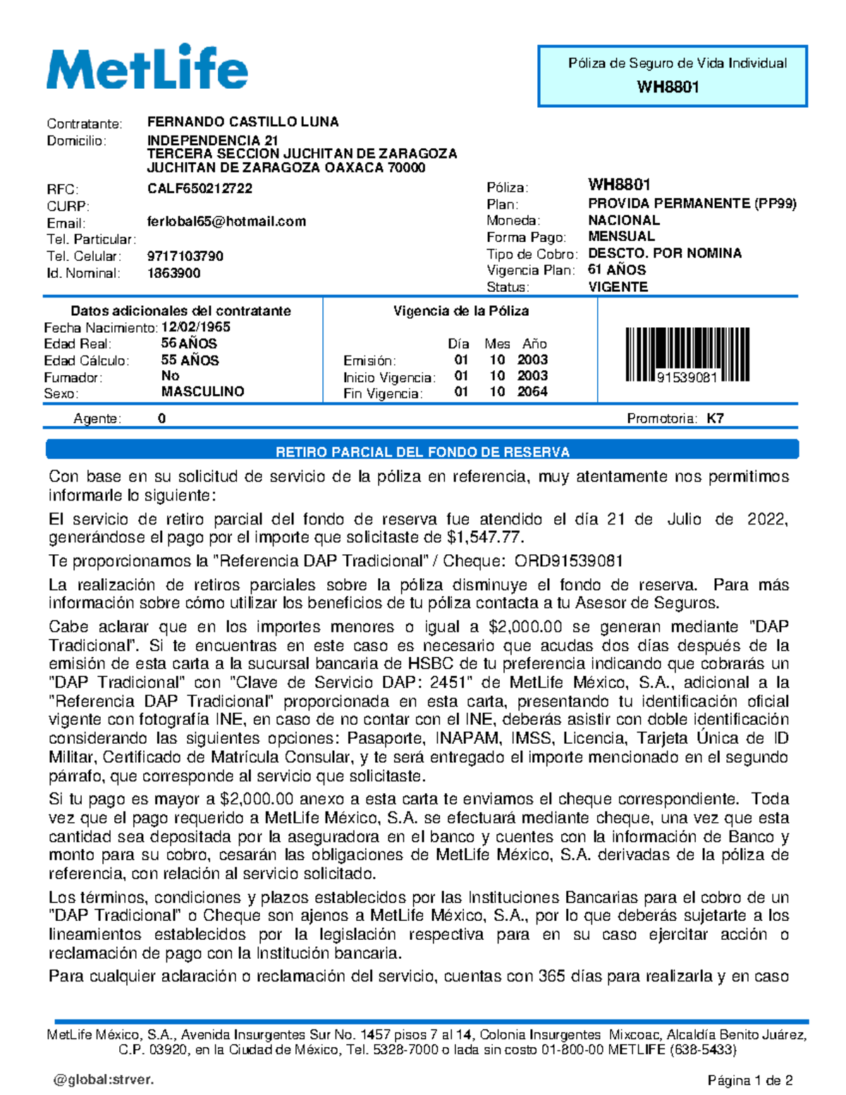 07 21 K7 20A P WH8801 2216 91539081 - Póliza de Seguro de Vida ...