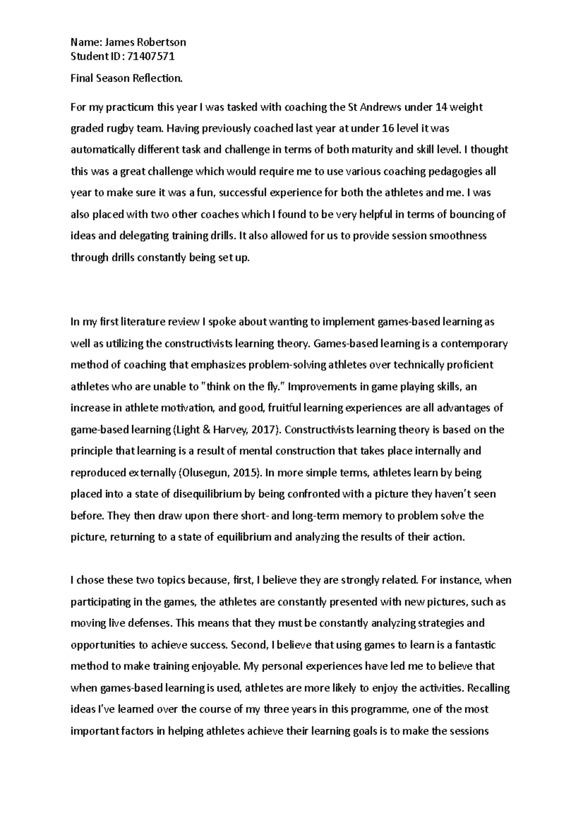 Final Season Reflection - Student ID: 71407571 Final Season Reflection ...