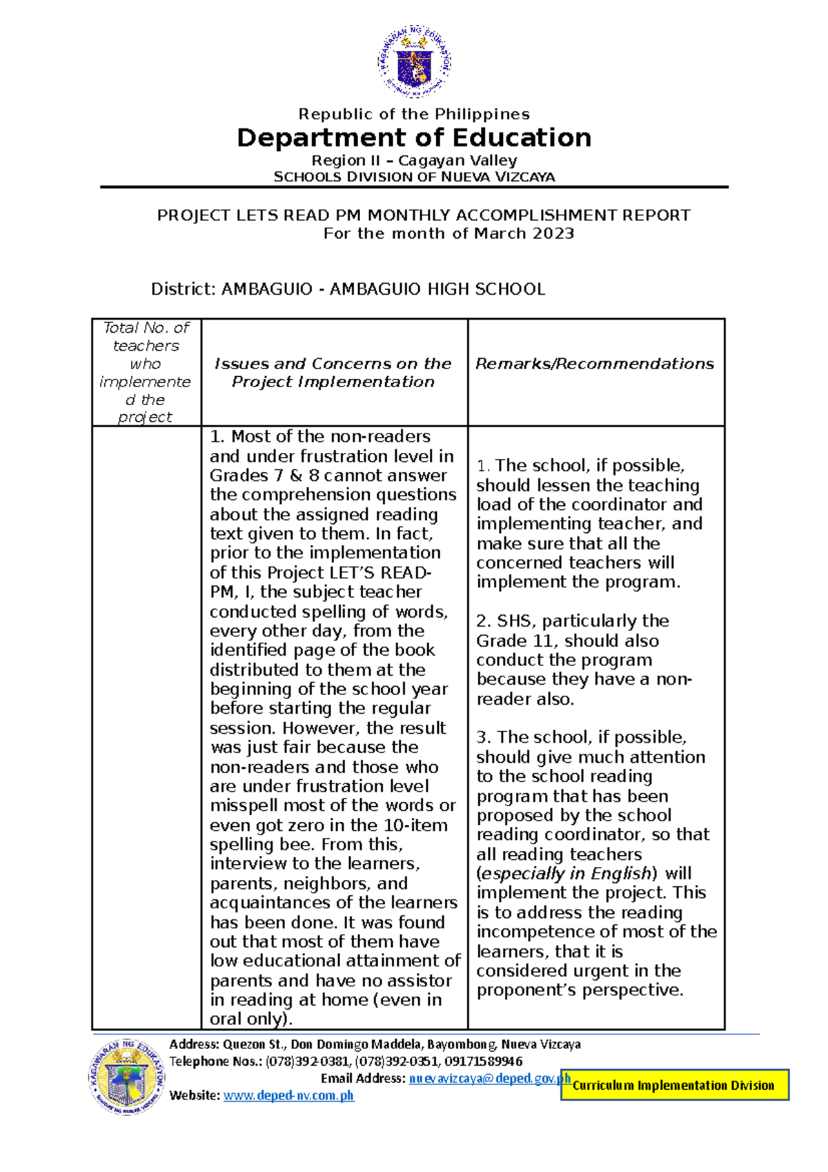 LETS-READ-PM-Report-March-Ambaguio HS - Copy - Department of Education ...