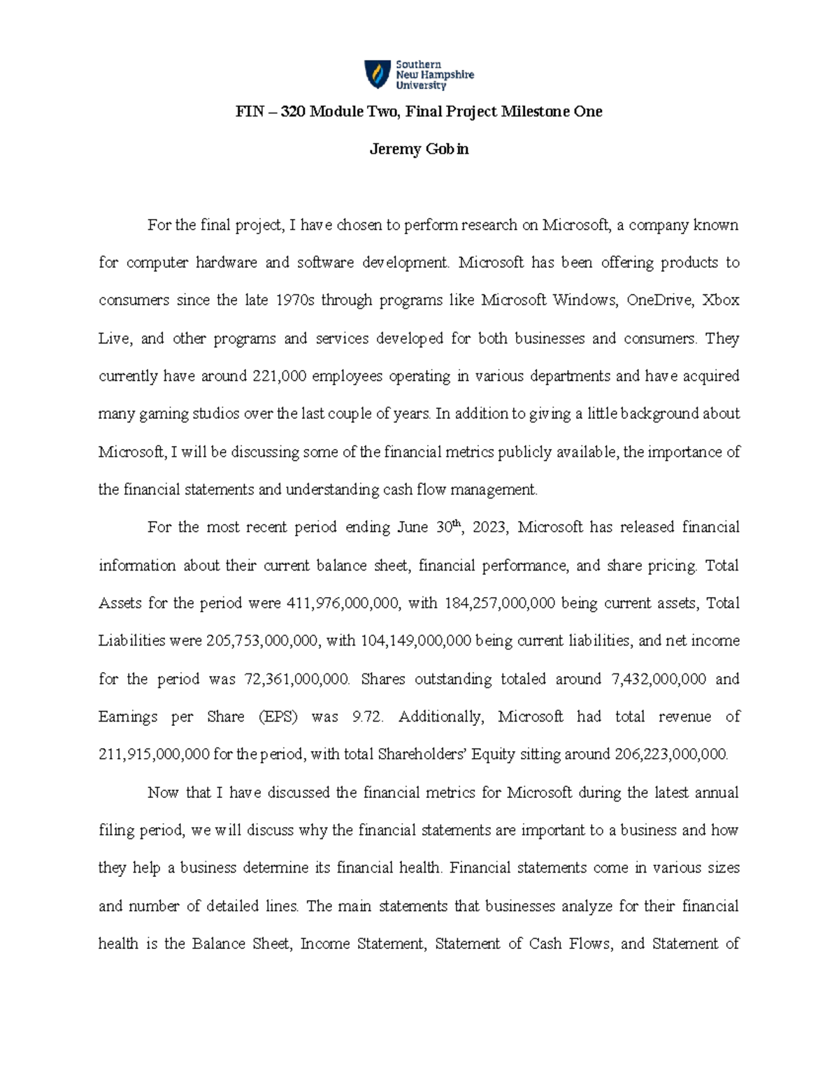 FIN 320 - Module Two, Milestone One - FIN – 320 Module Two, Final ...