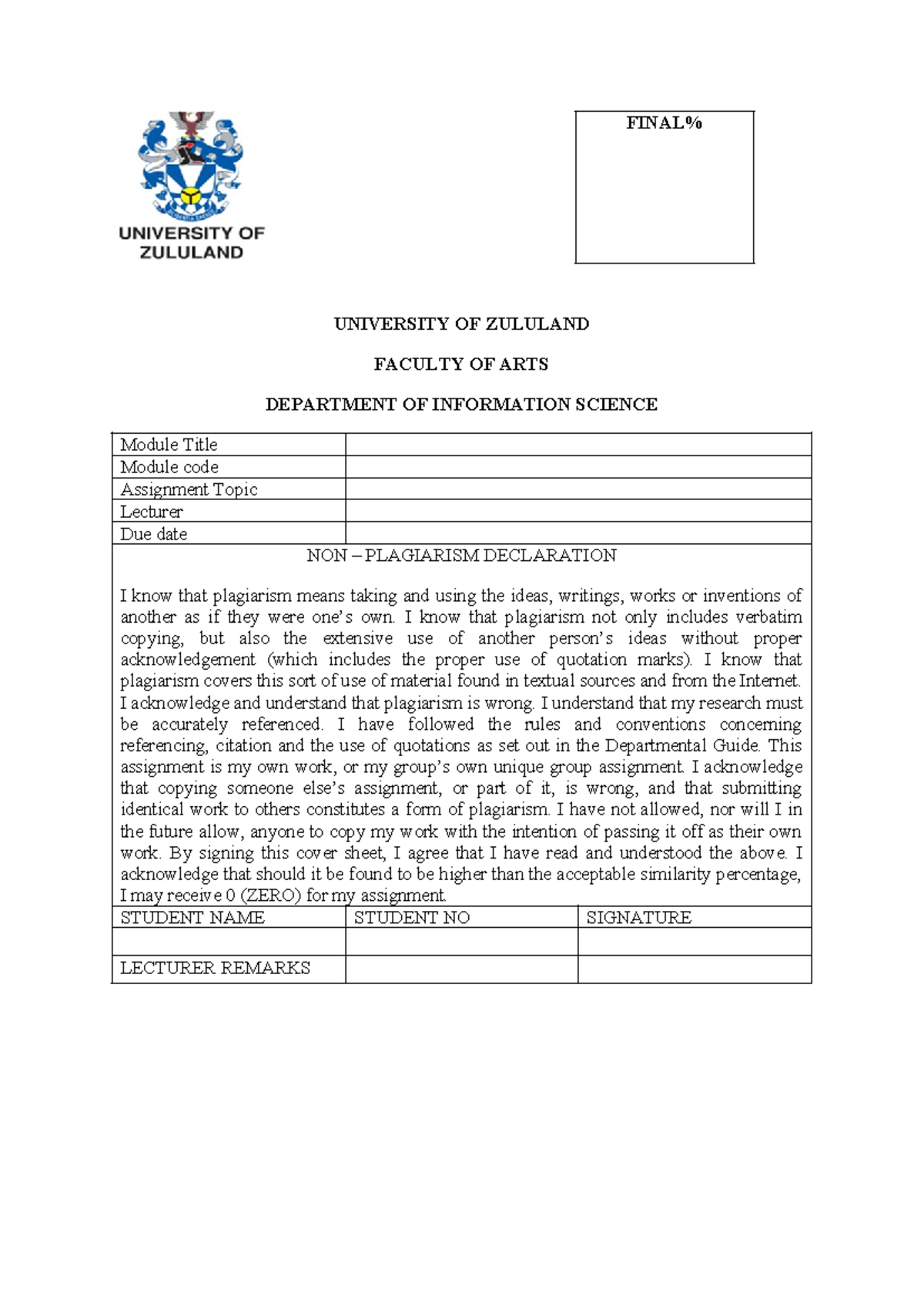 Prescribed university cover page 2021 - UNIVERSITY OF ZULULAND FACULTY ...