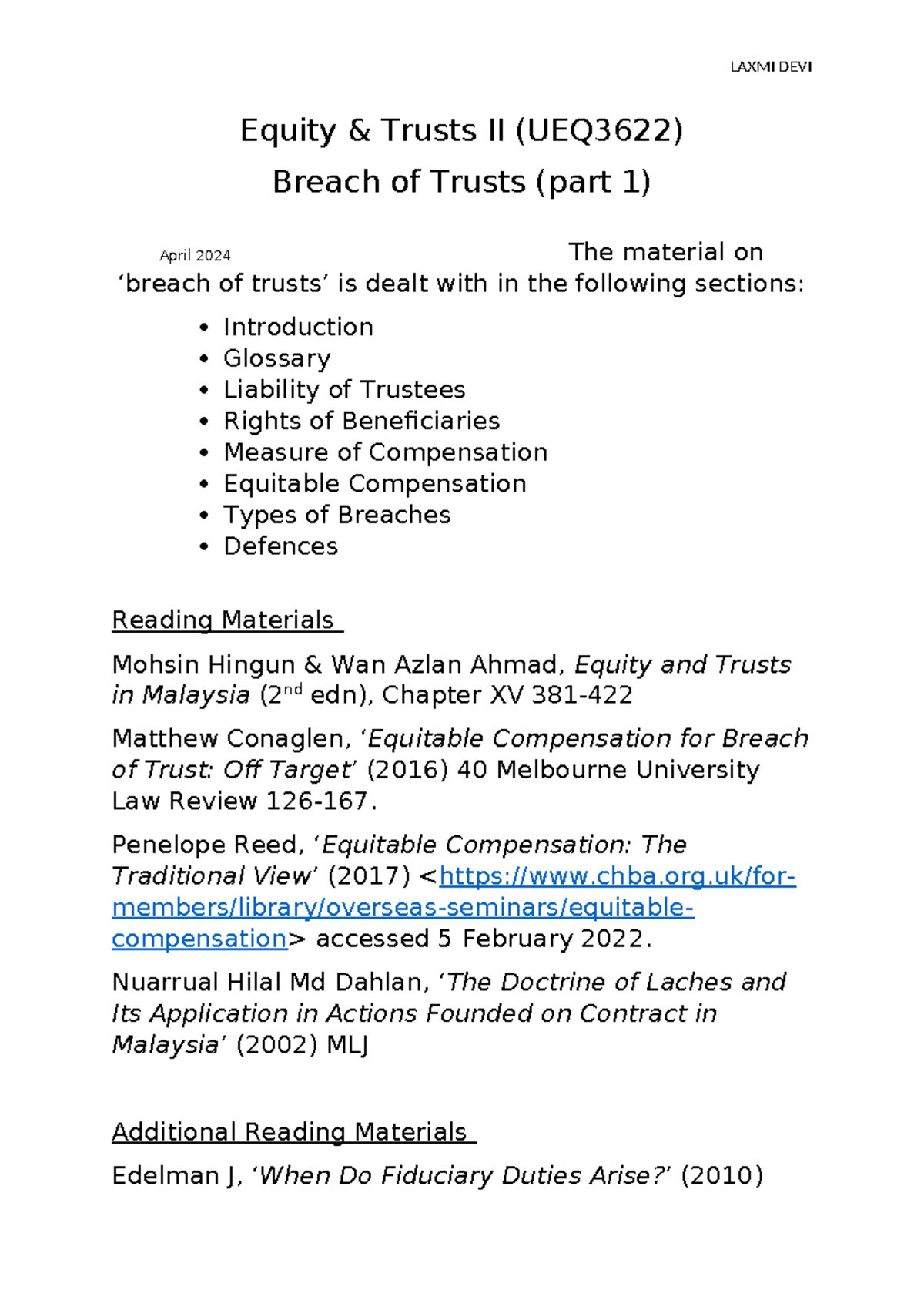 Bo T Prt 1 Handout - tut question only - Equity & Trusts II (UEQ3622 ...