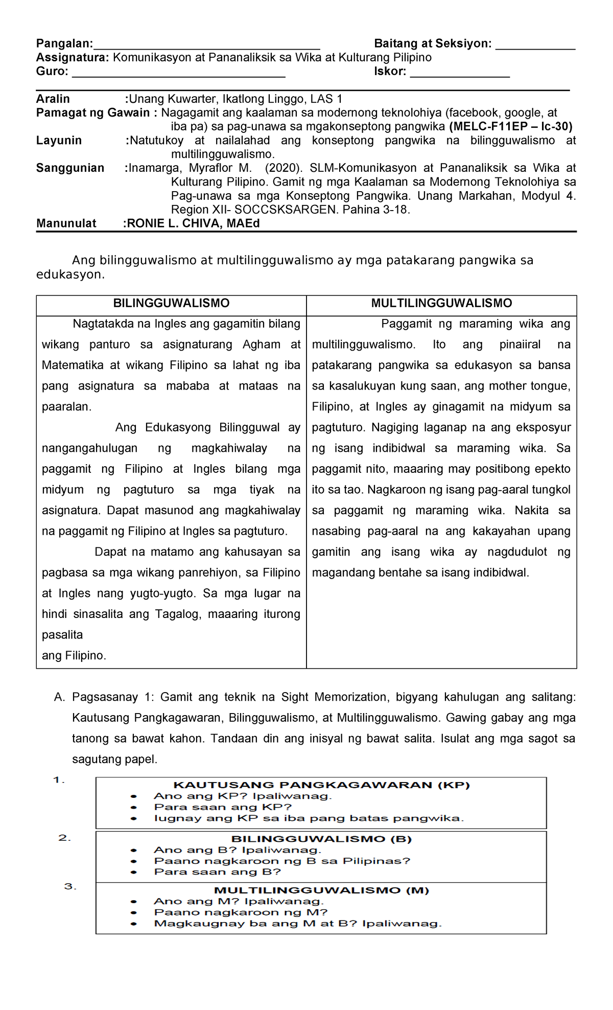 Kom Pan LAS1 Q1 wk3 - Practice modules for grade 11 students - - Studocu