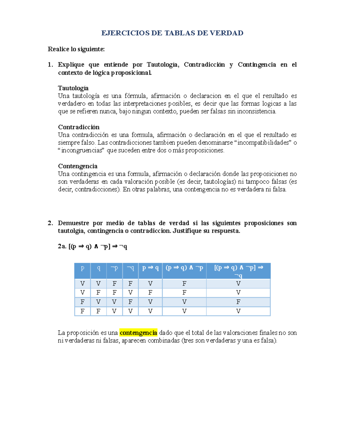 Ejercicios de Tablas de Verdad - EJERCICIOS DE TABLAS DE VERDAD Realice ...
