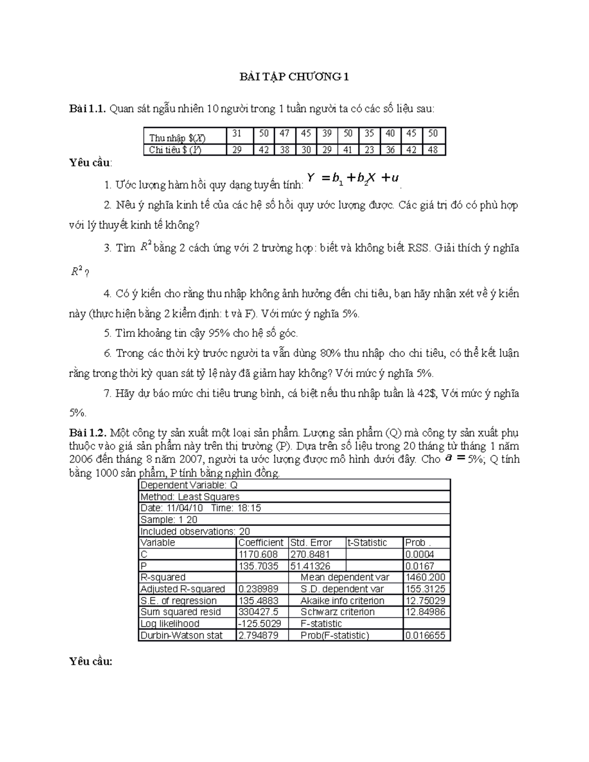 BT KTL chuong 1 - không có - BÀI TẬP CHƯƠNG 1 Bài 1. 1. Quan sát ngẫu nhiên 10 người trong 1 ...
