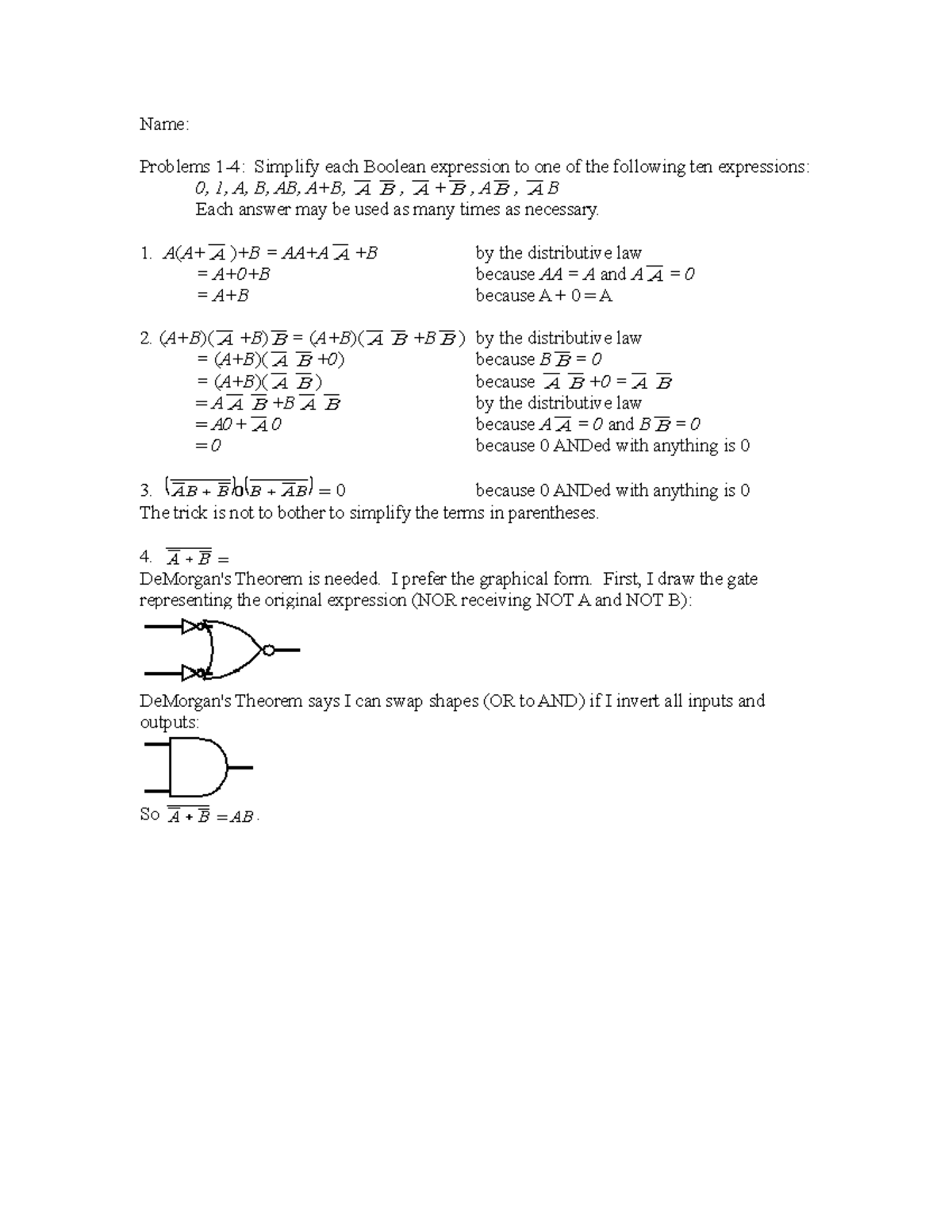 Sample Test solutions - ASD - Name: Problems 1-4: Simplify each Boolean ...