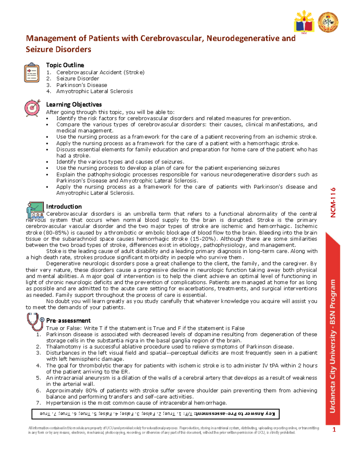 Study Guide 10 Cerebrovascular Neurodegenerative and Seizure Disorders ...