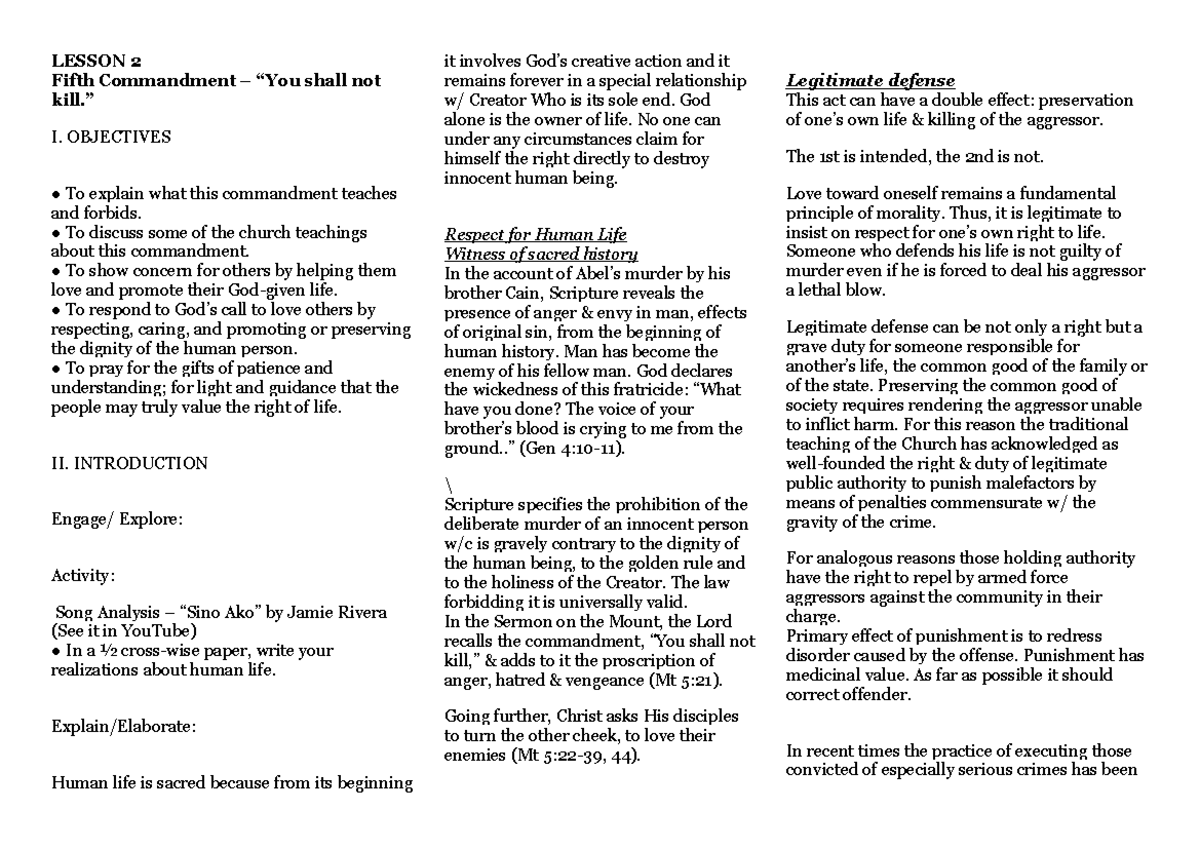5th- Commandment - LESSON 2 Fifth Commandment – “You shall not kill.” I ...