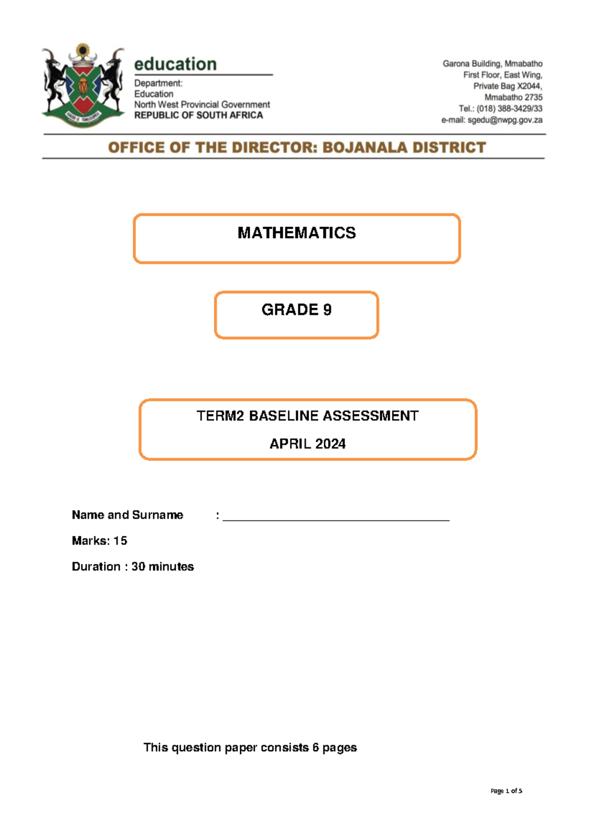 2024 Grade 9 TERM2 Baseline Assessment - Name and Surname