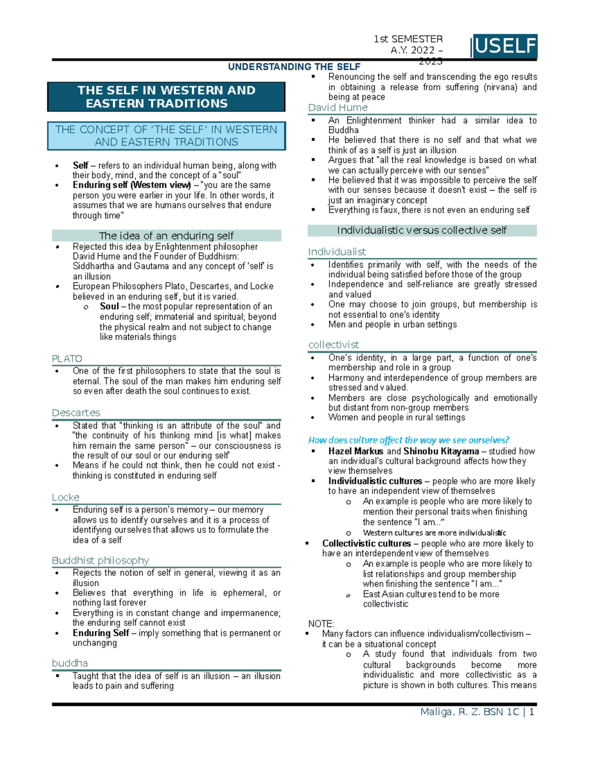 Uself Midterm - Midtern notes - |USELF UNDERSTANDING THE SELF THE SELF ...