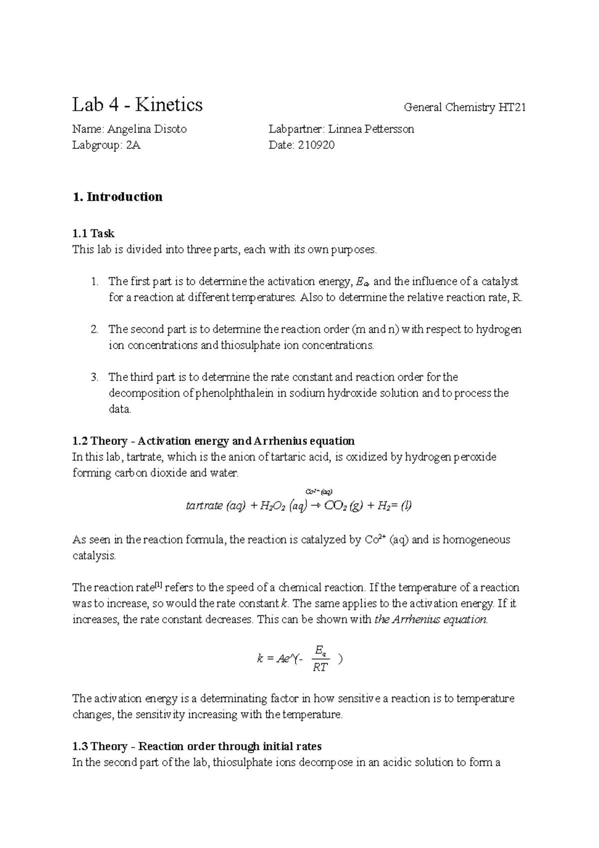 Lab 2 - Kinetics, english tect - Lab 4 - Kinetics General Chemistry HT ...