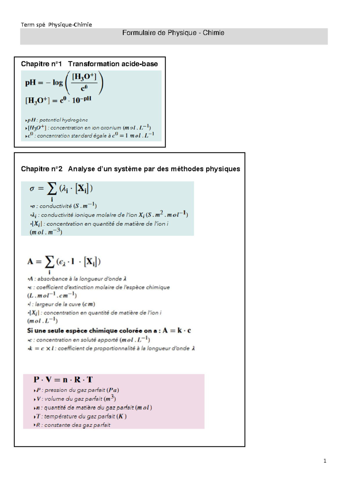 Formulaire Physique-chimie - Formulaire de Physique - Chimie Chapitre n°1 Transformation acide ...