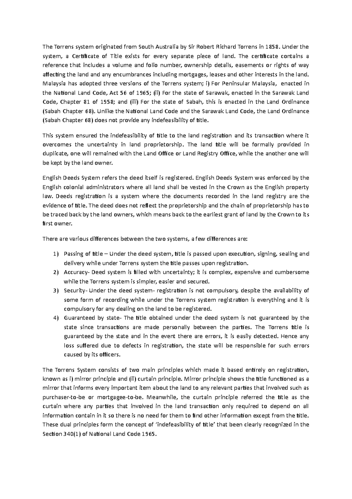 The Torrens system v English Deed system - The Torrens system ...