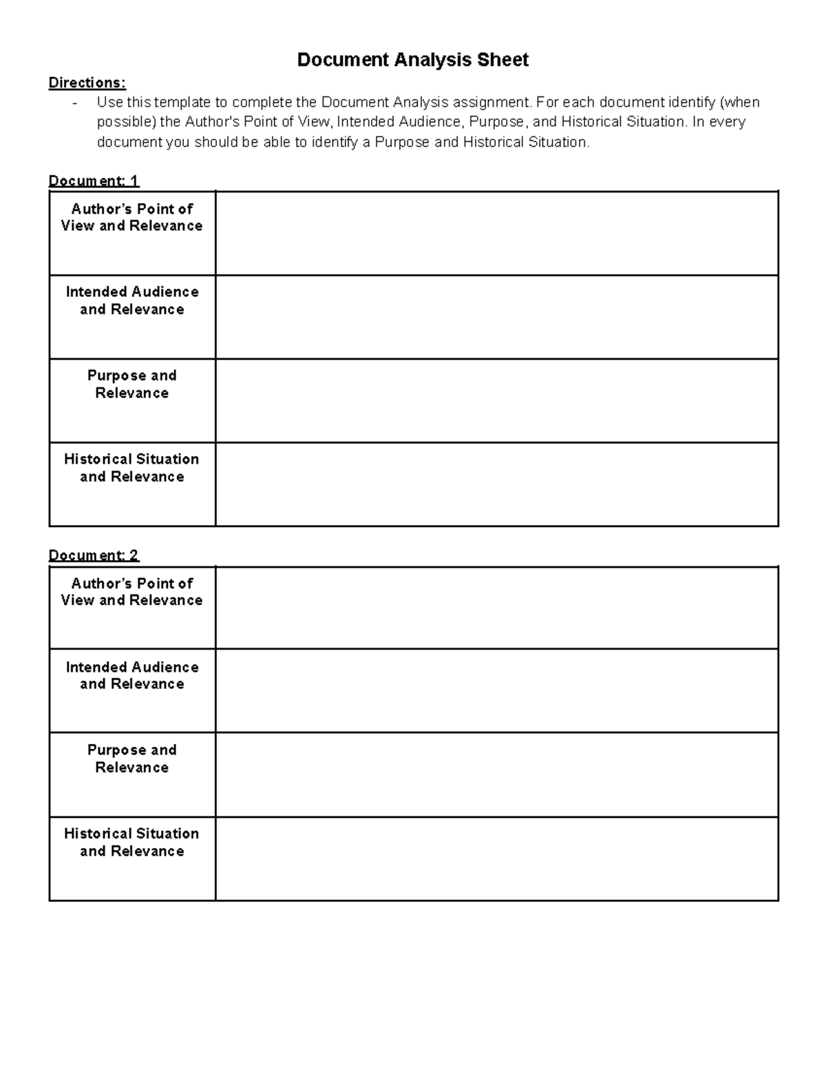 Time Period Document Analysis Template - Document Analysis Sheet ...