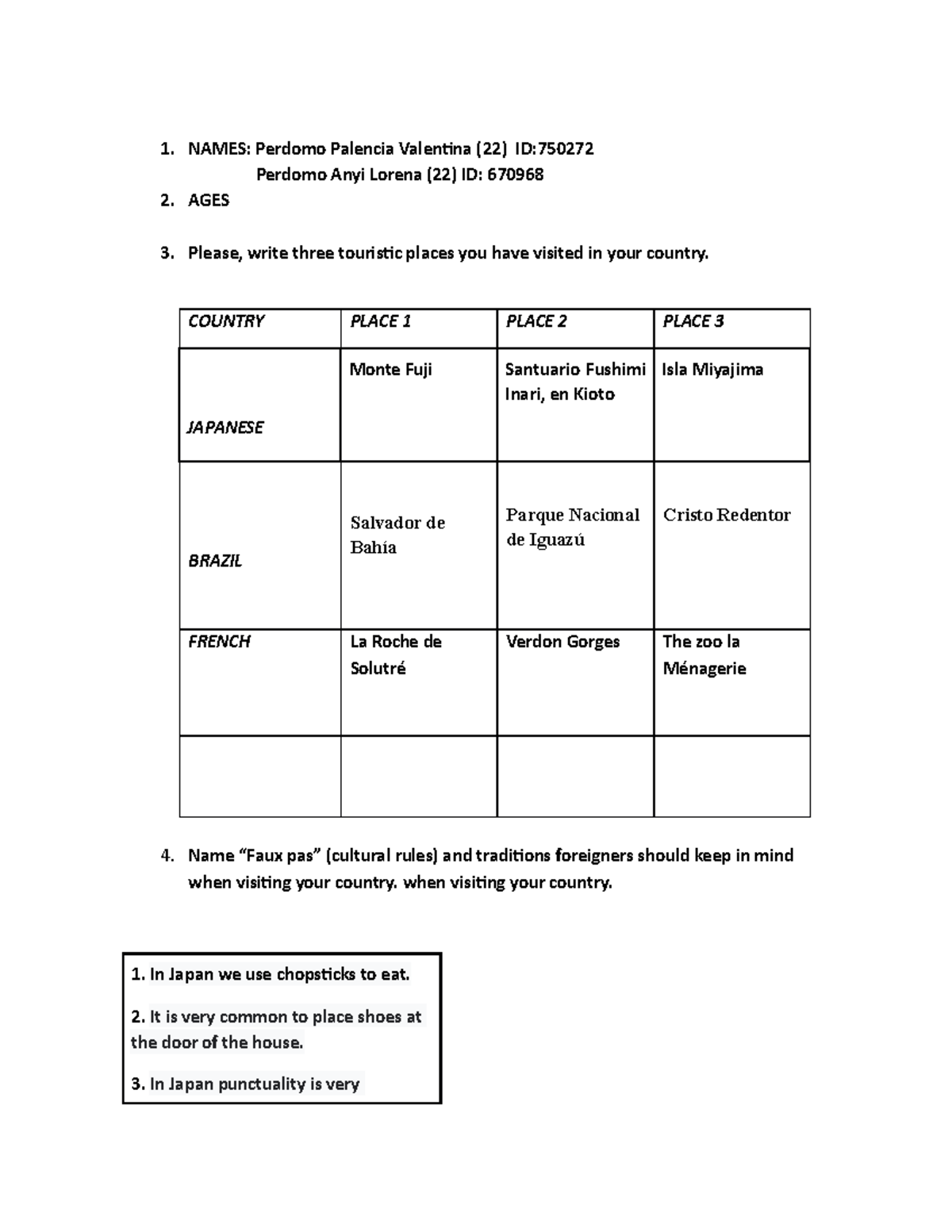 Pen Pal application form - NAMES: Perdomo Palencia Valentina (22) ID ...