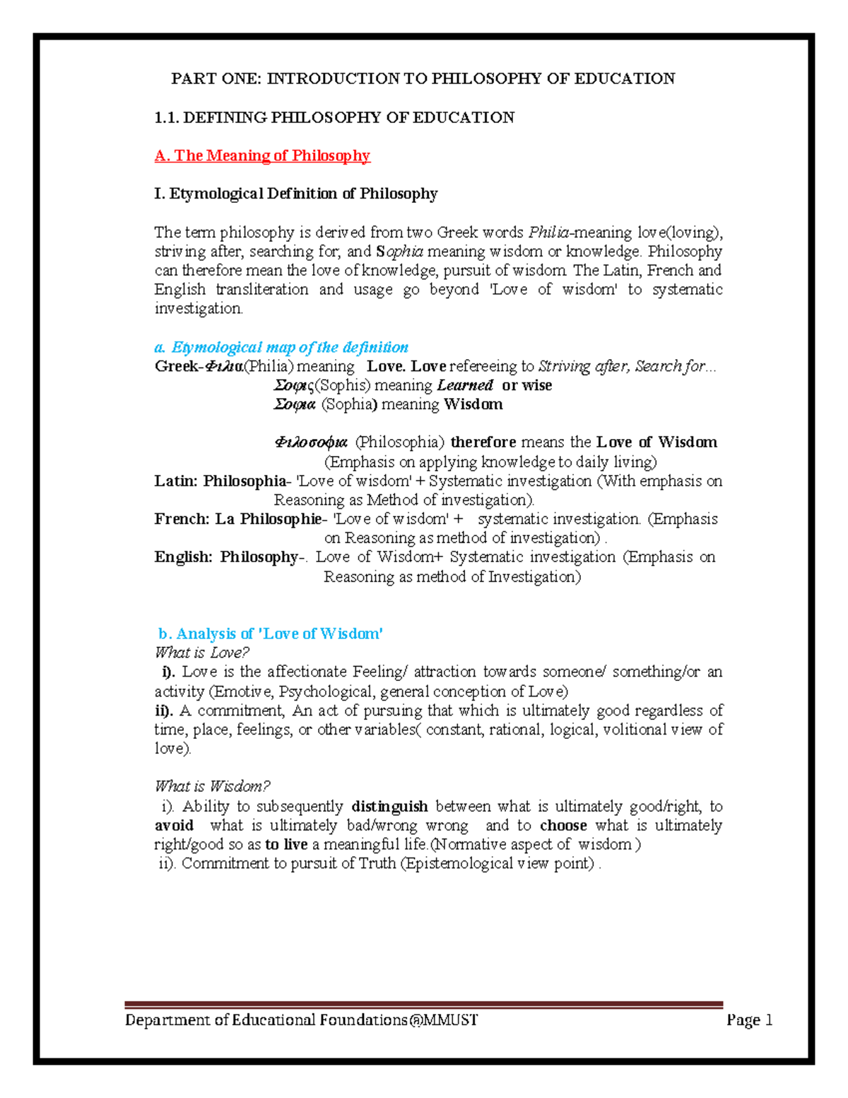 EDF 211-2021- Topic ONE - PART ONE: INTRODUCTION TO PHILOSOPHY OF EDUCATION 1. DEFINING ...