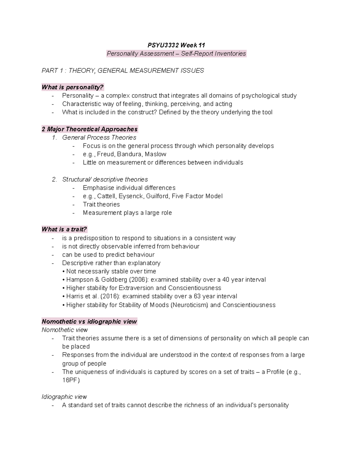 PSYU3332 Wk 11 - PSYU3332 Week 11 Personality Assessment – Self-Report ...