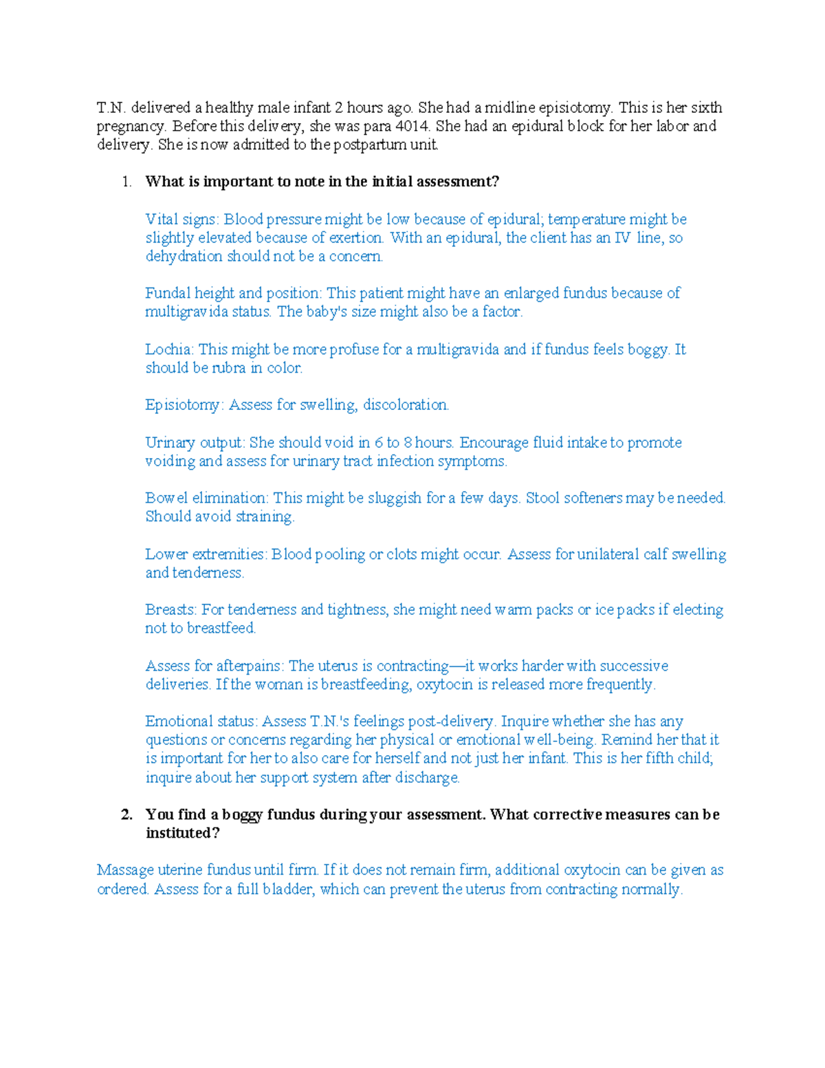 With answers Post partum case study (1) - T. delivered a healthy male ...