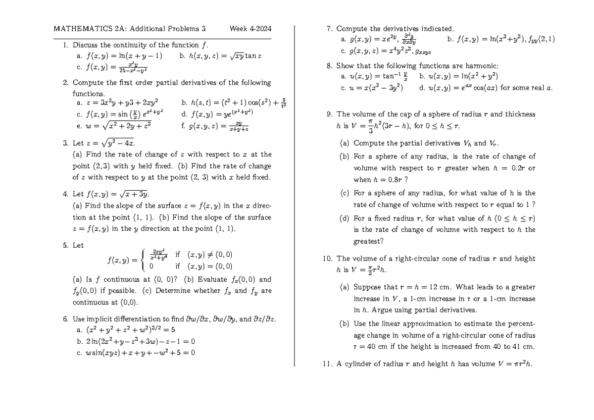 Adpro 3 - MATHEMATICS 2A: Additional Problems 3 Week 4- Discuss the continuity of the function f ...