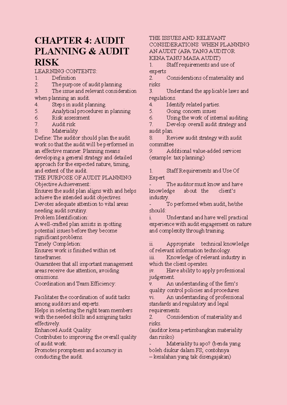 Audit 1 Chapter 4 Fbyhan - CHAPTER 4: AUDIT PLANNING & AUDIT RISK LEARNING CONTENTS: Definition ...