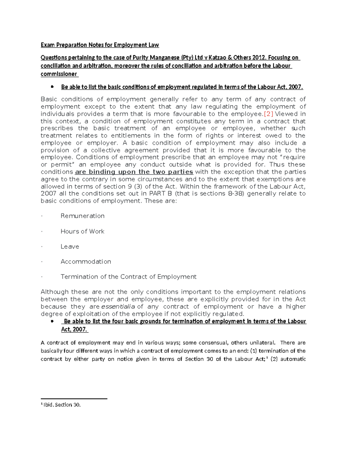 Exam Preparation Notes for Employment Law - Exam Preparation Notes for ...